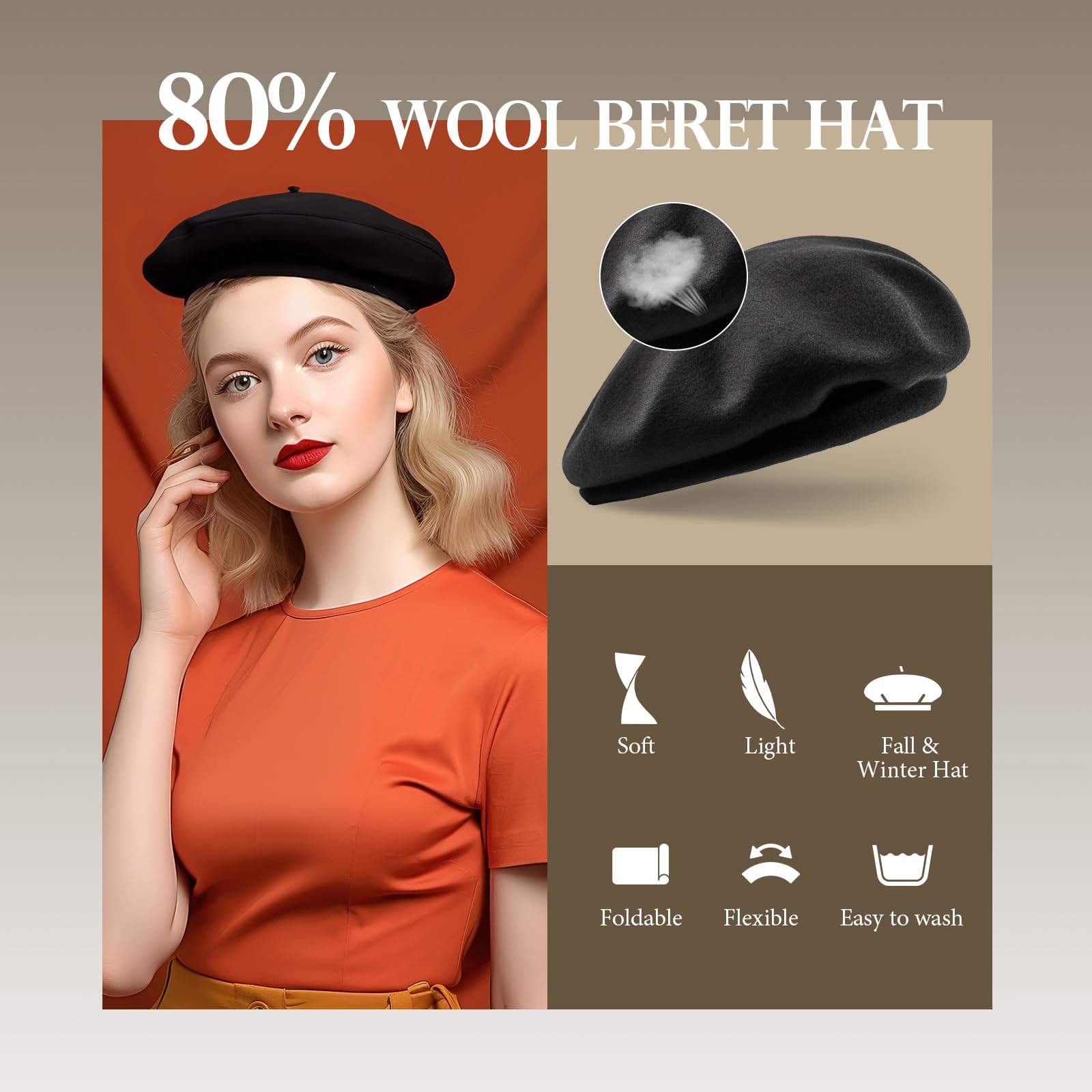 Jeicy Beret Hats for Women, Black Beret,Red Beret,French Wool Beret Hat, (Send a Silk Scarf Brooch) Indoor Outdoor