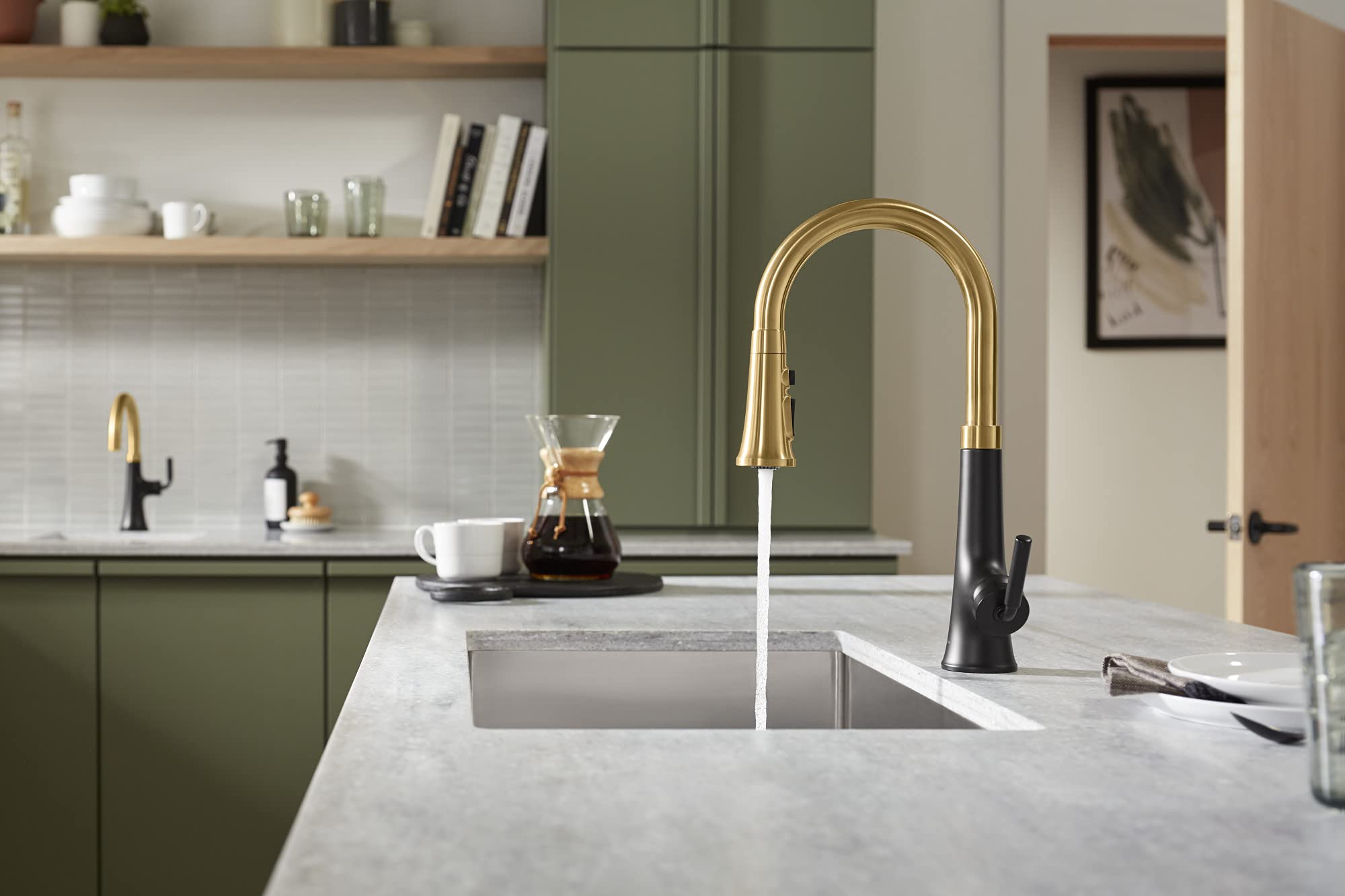 Kohler 23764-BMB Tone, Kitchen Sink Faucets with Pull Down Sprayer, Matte Black with Moderne Brass