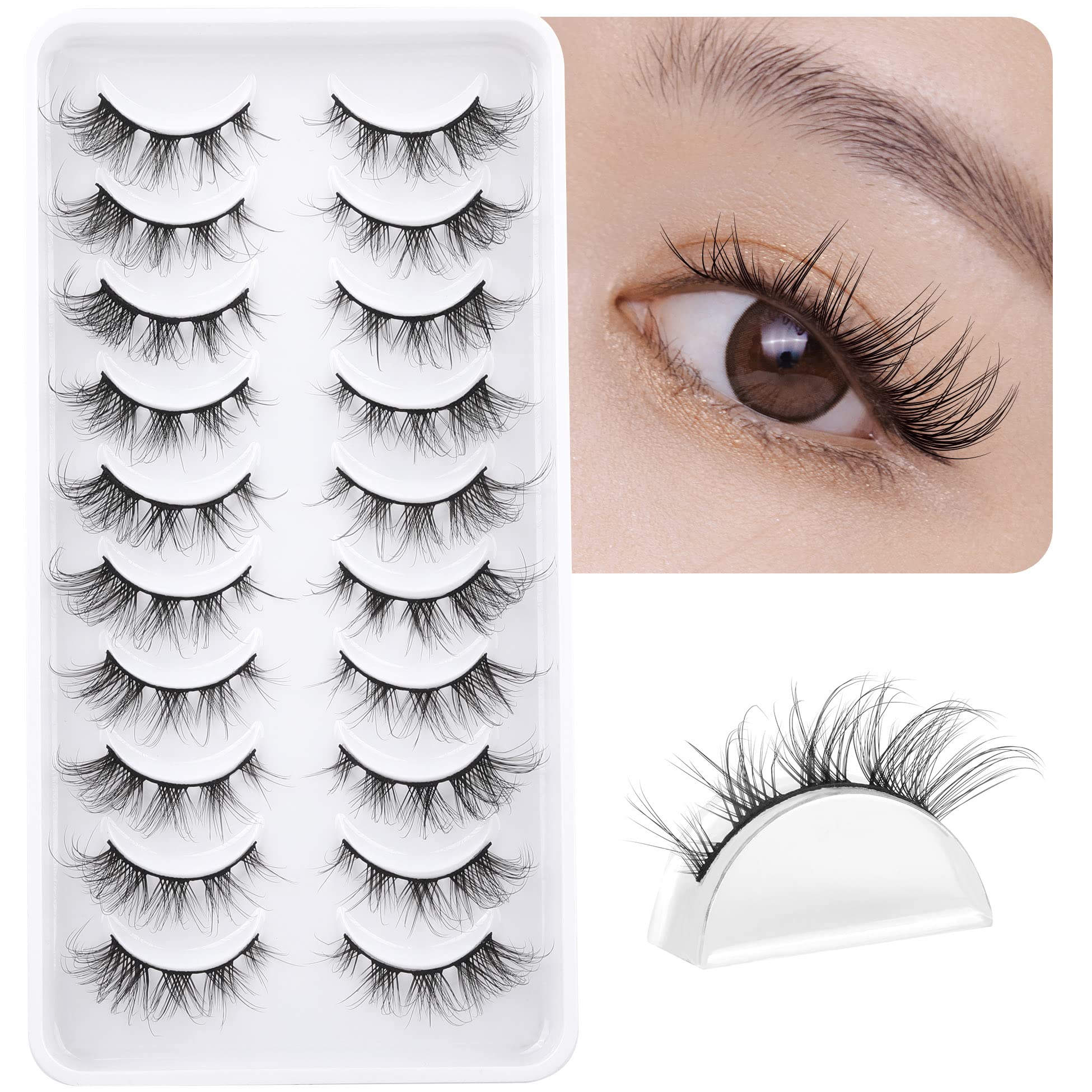 Lashes Natural Look Wispy False Eyelashes Fluffy Lashes Mink Cluster Eyelashes Cat Manga Anime Fake Eyelashes 10 Pairs Strip Eye Lashes Pack ALICROWN Black
