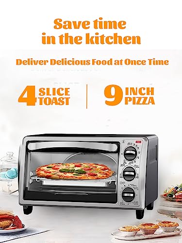 Toaster Oven 4 Slice Countertop - Pizza Oven with Timer, Convection Oven fits a 9 Inch Pizza, for Bake, Broil, Toast, Includes Baking Pan and Rack, Stainless Steel, Silver