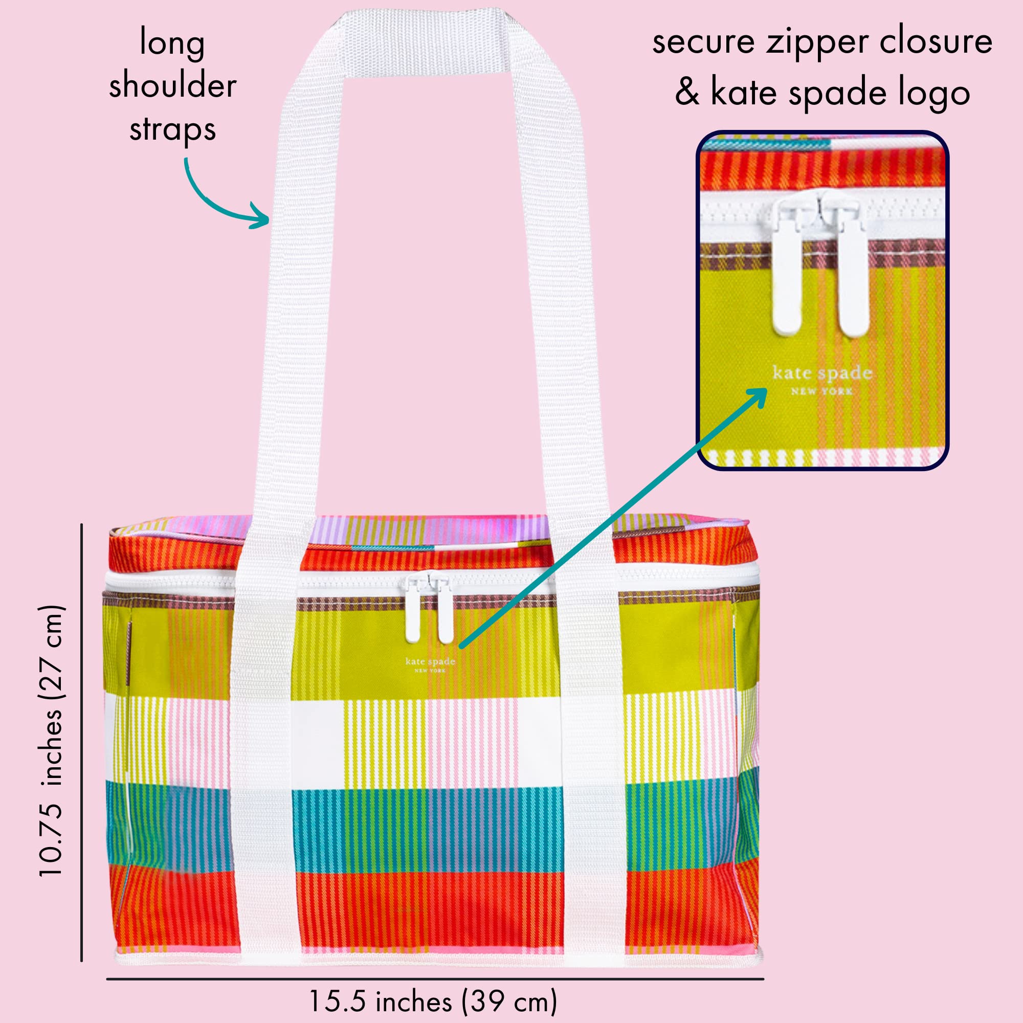 Kate Spade New York Large Capacity Insulated Cooler Bag, Soft Sided Portable Beach Cooler, Insulated Tote for Women, Rainbow Plaid