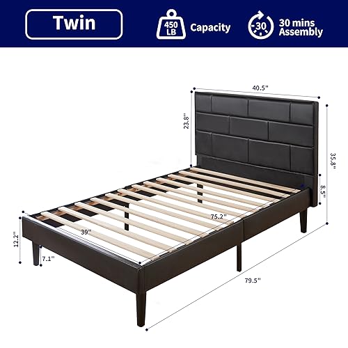 subrtex Bed Frame Twin Size with Headboard,Upholstered Faux Leather Mattress Foundation Platform with Solid Wood Slat Support,No Box Spring Needed,Noise-Free,and Easy Assembly Black