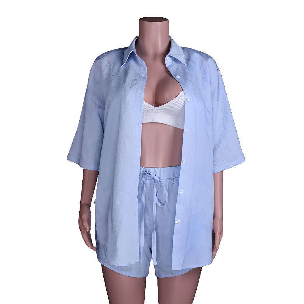 KVV Womens 2 Piece Outfits Casual Loungewear Sets Stripe Long Sleeve Shirt And Loose High Waisted Mini Shorts Set(BU-M)