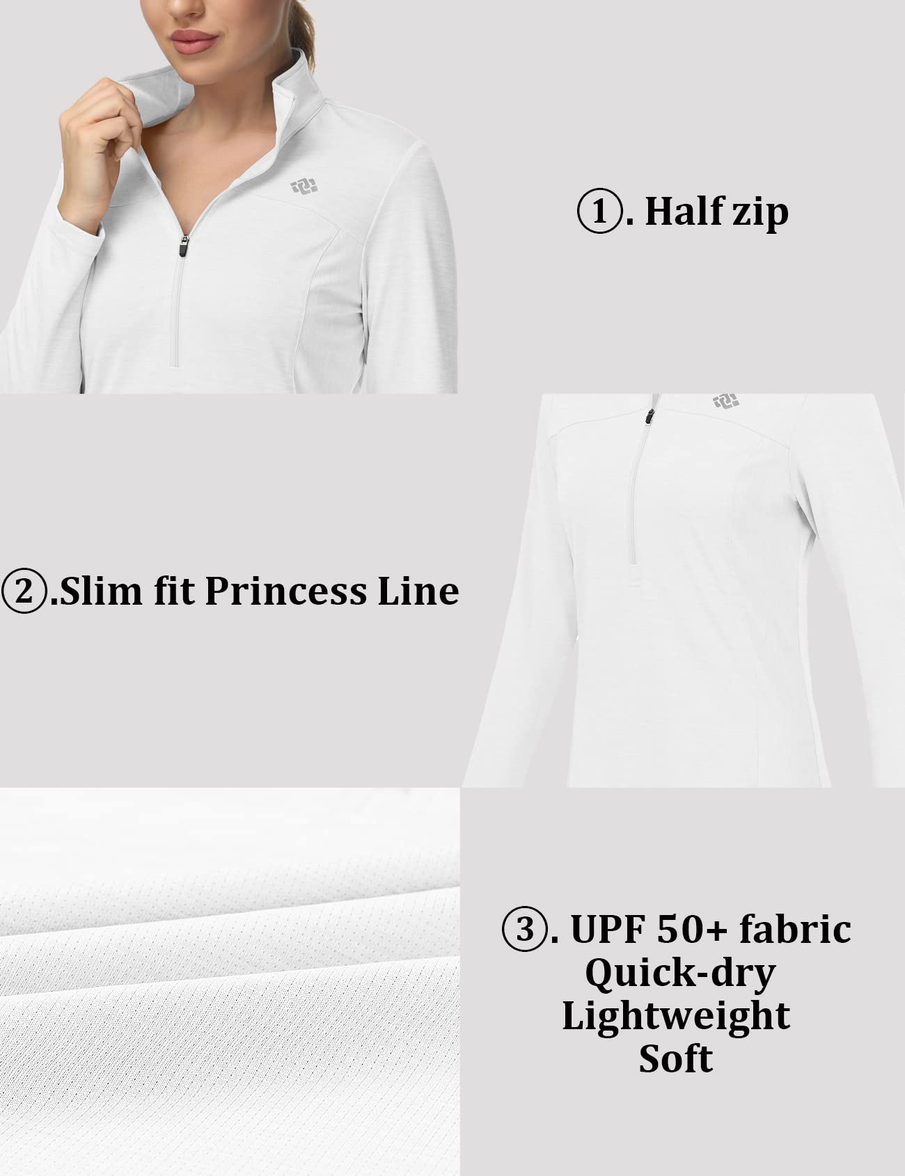 MoFiz Women's Long Sleeve Hiking Shirt Lightweight Athletic Tops with Half Zip Quick Dry Golf Pullover, White, 2XL