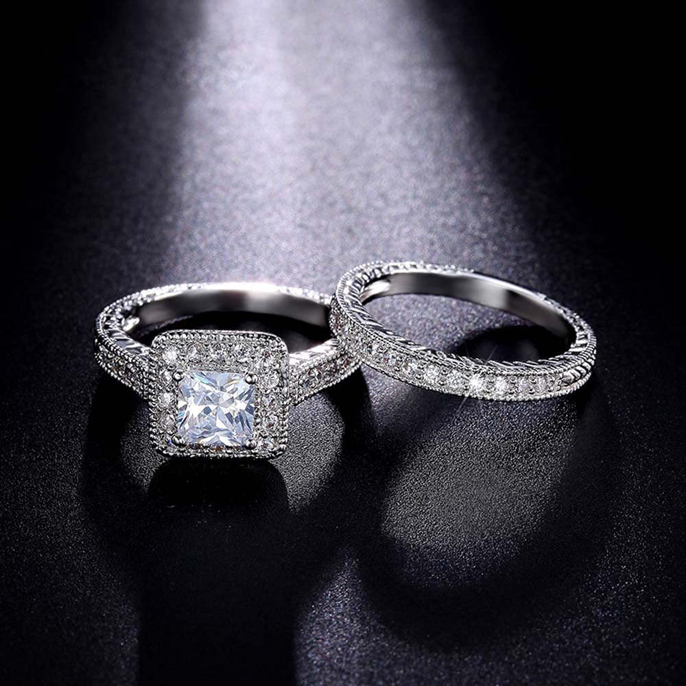 KIOYDISE Wedding Band Sets for Him and Her Engagement Ring Set Square Rings Sterling Silver Sparkly Cubic Zirconia Wedding Band Bridal Set Stacking Valentines Gift (5)