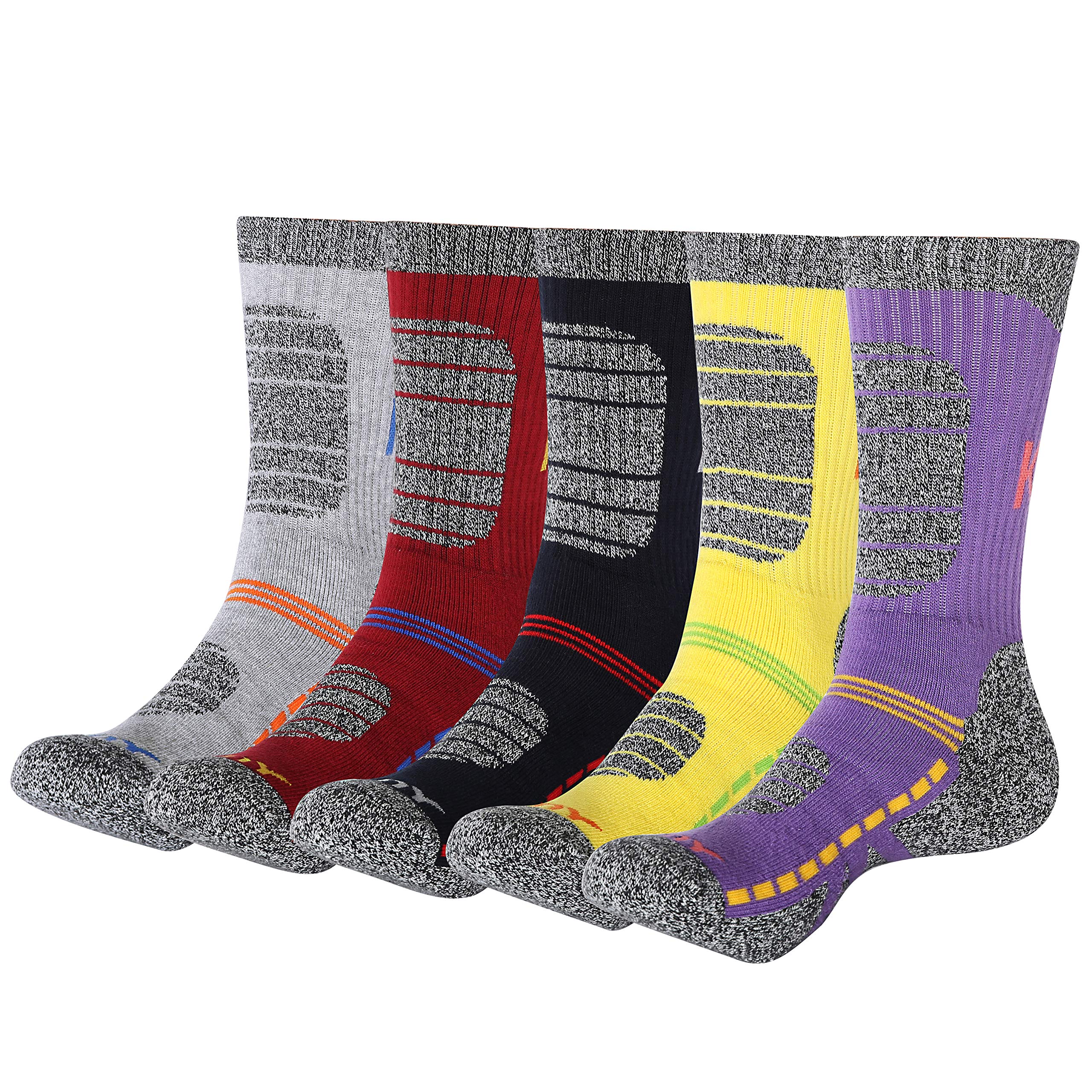 KONY Womens Cotton Full Cushioned Hiking Socks, 5 Pack Moisture Wicking Outdoor Trekking Crew Socks (Mix-3, Large(US Shoe size 8.5-11))
