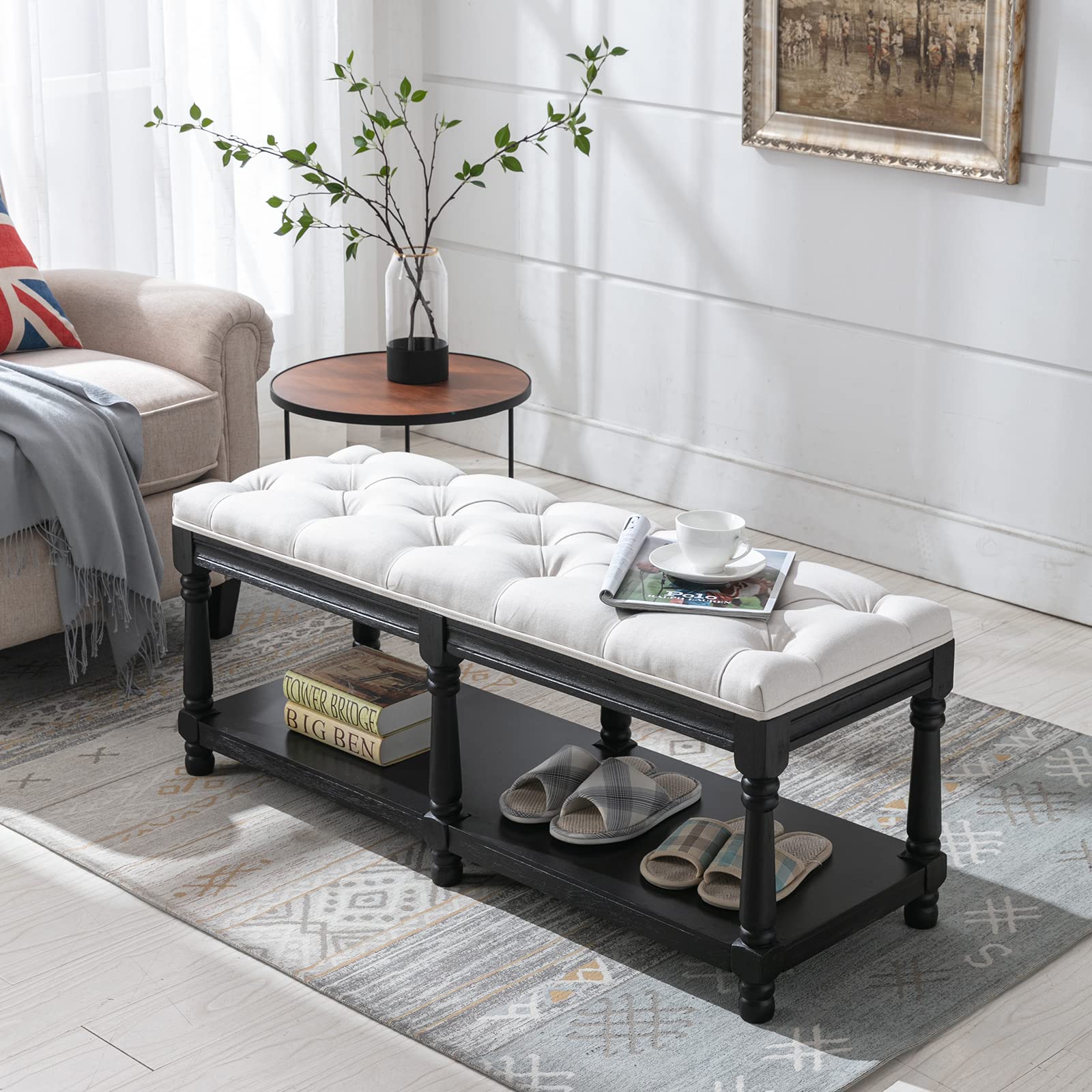 Janoray Farmhouse Storage Bench Wooden Entryway Linen Upholstered Ottoman Button Tufted Bench with Black Legs for Bedroom End of Bed Hallway Organizer, Beige, 45 Inch