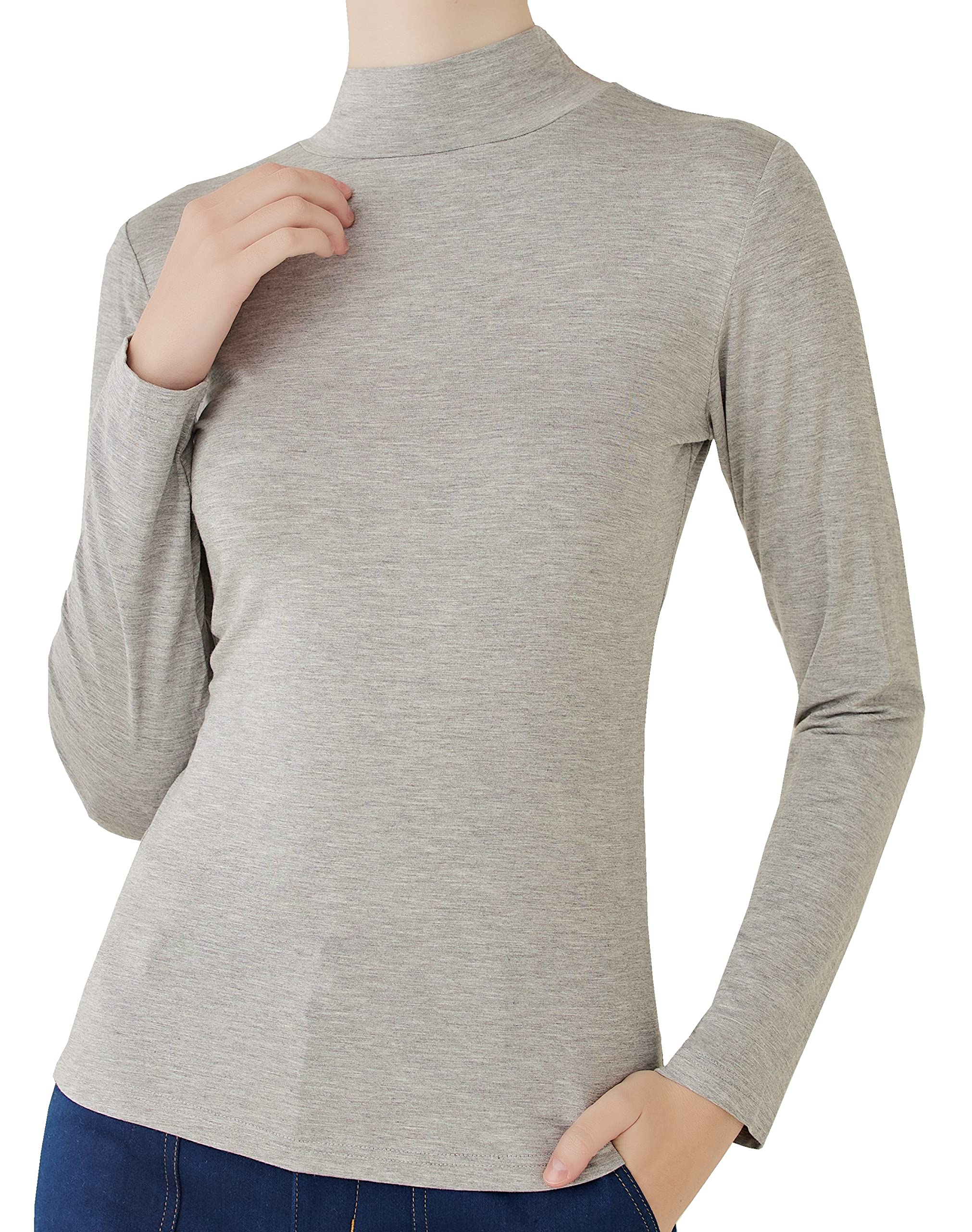NEEINGO Women's Turtle Neck Lightweight Under Layer Long Sleeve Slim Fitted Lounge Sleep wear Shirt Top Heather Grey