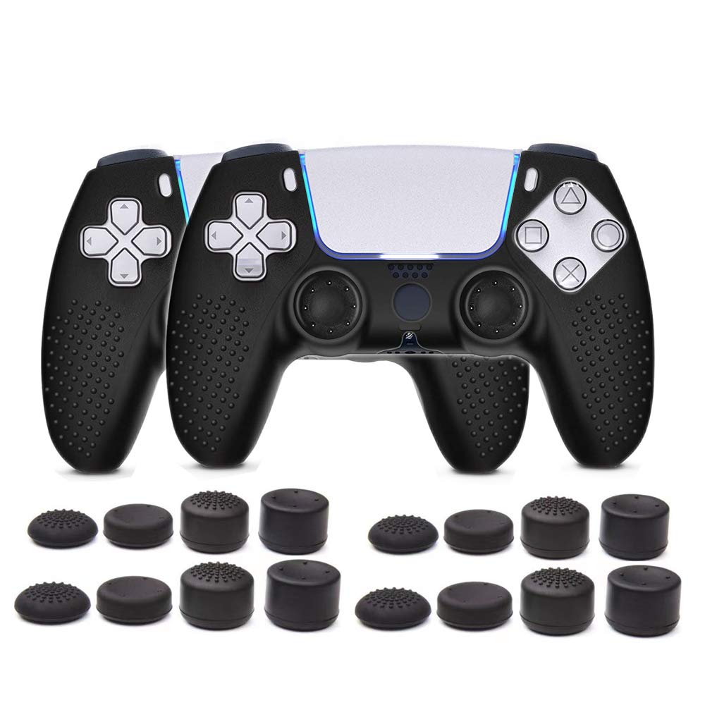 KENBU 2Pack Silicone Protective Cover Compatible with Sony PS5 Dualsense Controller, with Thumb Grips(Black) x 20 (Black&Black)