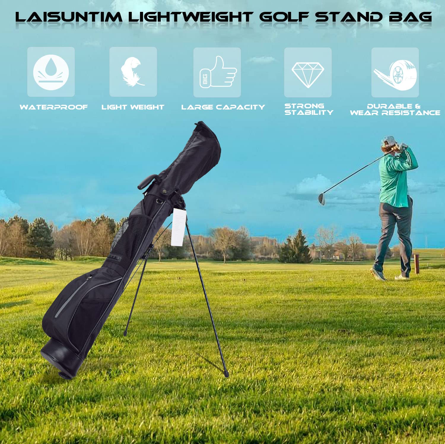 LAISUNTIM Golf Stand Bag Retractable, Portable Golf Bag with 4 Way Divider and Dual Straps, Waterproof Wear-Resistant Durable Fabric Golf Bag for Women and Men (Grey)