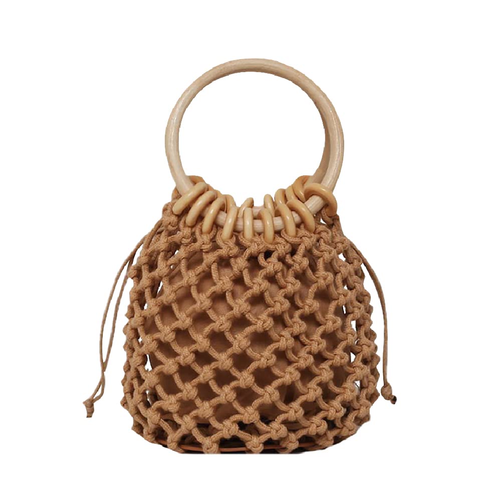 NIBD Women Mini Clutch Tote Handbag Woven Handbag Top-handle Bucket Drawstring Bag Summer Beach Fishing Net Bag Purse (Brown)