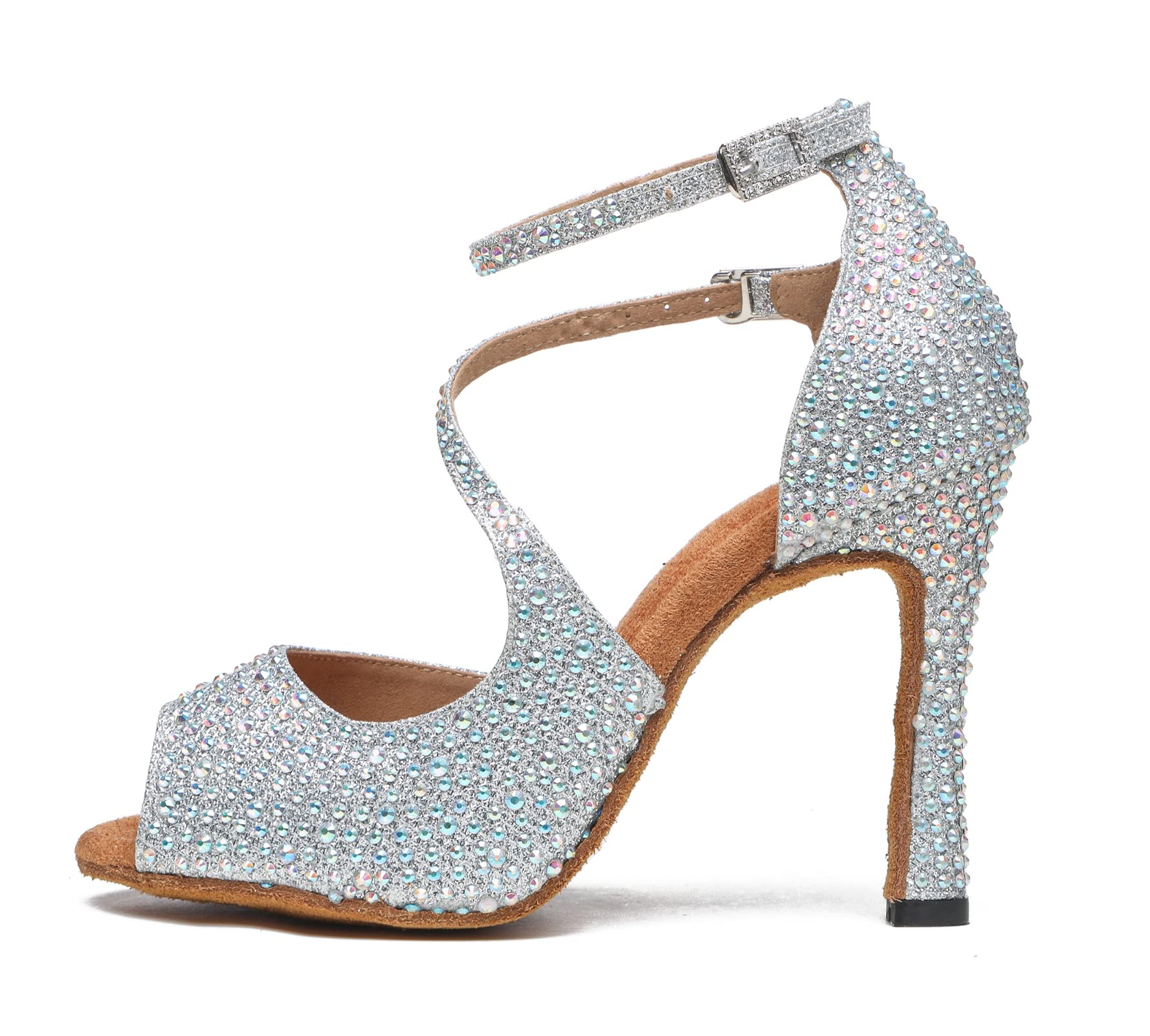 Minishion Ankle Strap Dance Shoes Sparkle Wedding Party Heels with Crystals L522 Silver US 9.5