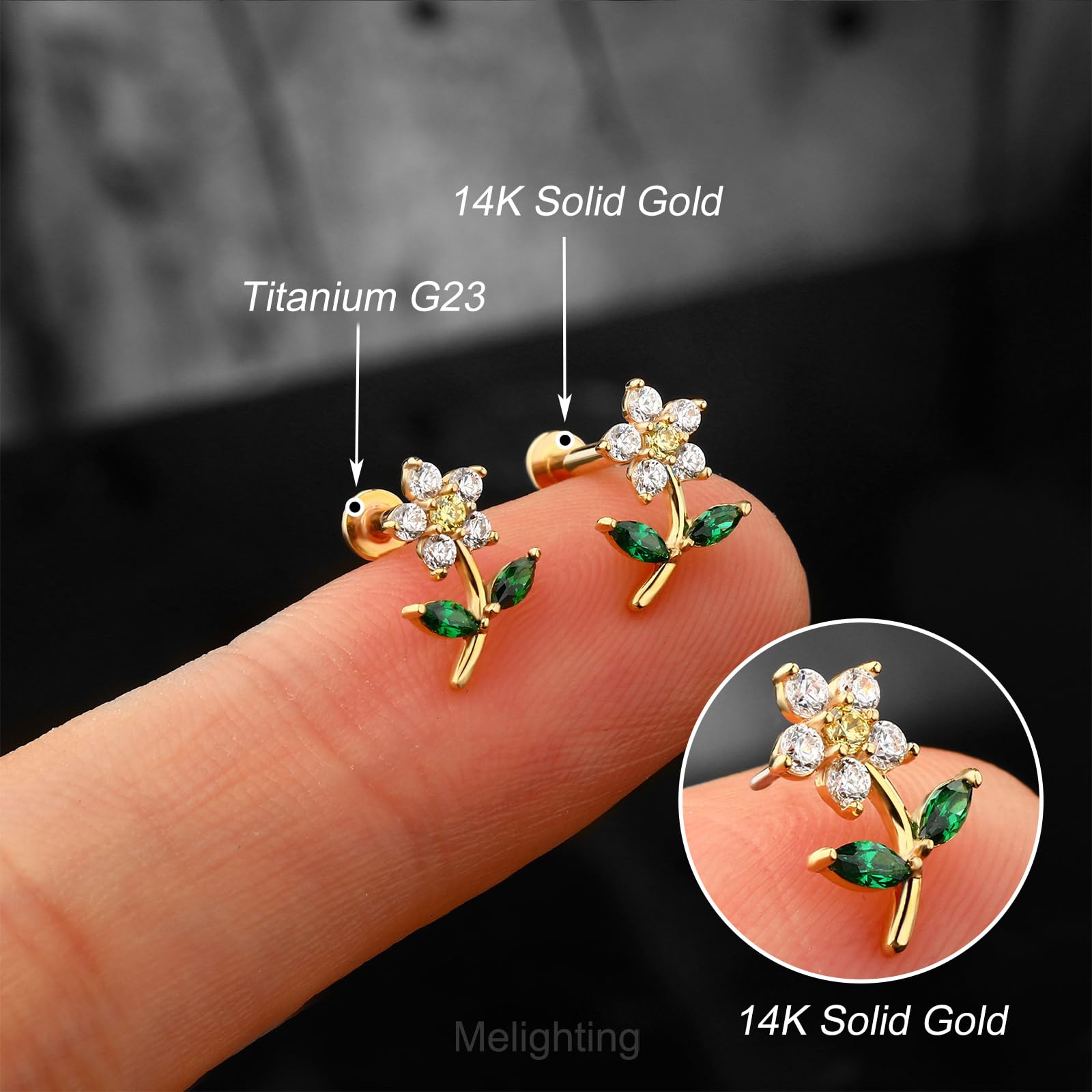 Melighting 14K Solid Gold Threadless Earring Gold Heart Flat Back Earring Titanium Threadless Push in Earring for Women 16G Solid Gold Tragus Piercing Jewelry Gold Helix Earring Cartilage Earring