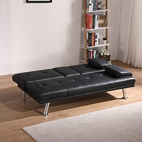 Ucloveria Modern Faux Leather, Multifunctional Sofa Bed, Convertible Folding Recliner Lounge Futon Couch for Living Room with 2 Cup Holders with Armrest(Black)