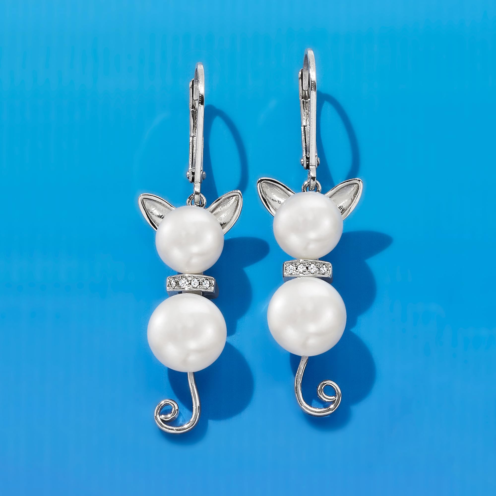 Ross-Simons 7.5-9mm Cultured Pearl and Diamond-Accented Cat Drop Earrings in Sterling Silver
