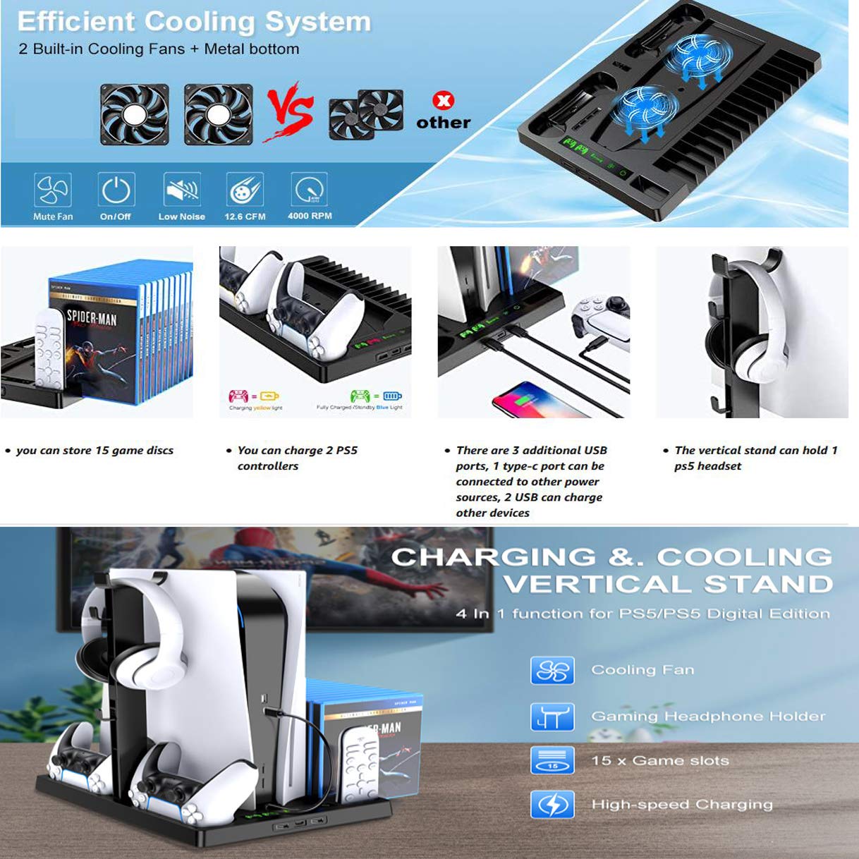 LVGOD PS5 Cooling Fan, PS5 Cooler, Vertical Stand for PS 5 Digital Edition/Ultra HD Game Console with Dual Charger Indicator USB Ports for PS5 DualSense Controller