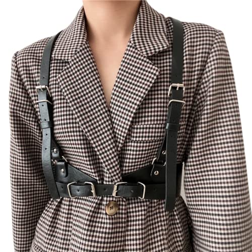 Punk Belly waist body chain black leather goth belt for women with strap on plus size BL1 (black, 34"-43")