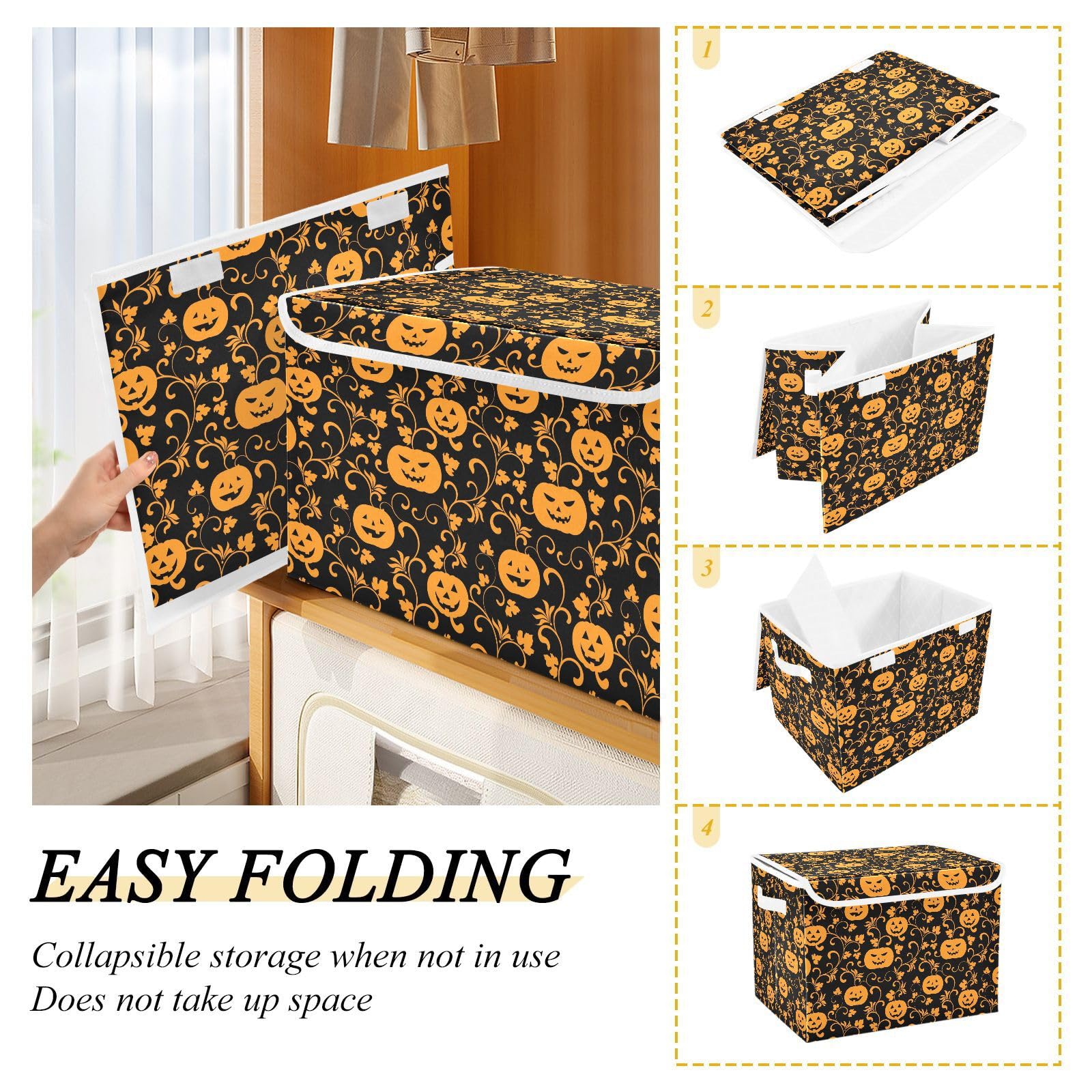 Krafig Foldable Storage Box Large Cube Organizer Bins Halloween Pumpkins Containers Baskets with Lids Handles for Closet Organization, Shelves, Clothes, Toys