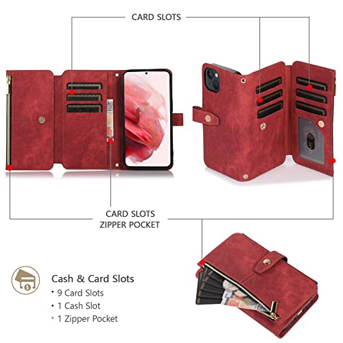 UEEBAI Crossbody Wallet Case for iPhone 13/iPhone 14 6.1 inch, 9 Card Slots Adjustable Crossbody Zipper Cover Detachable Lanyard Strap Flip Case with Hand Strap Kickstand Case - Red Wine