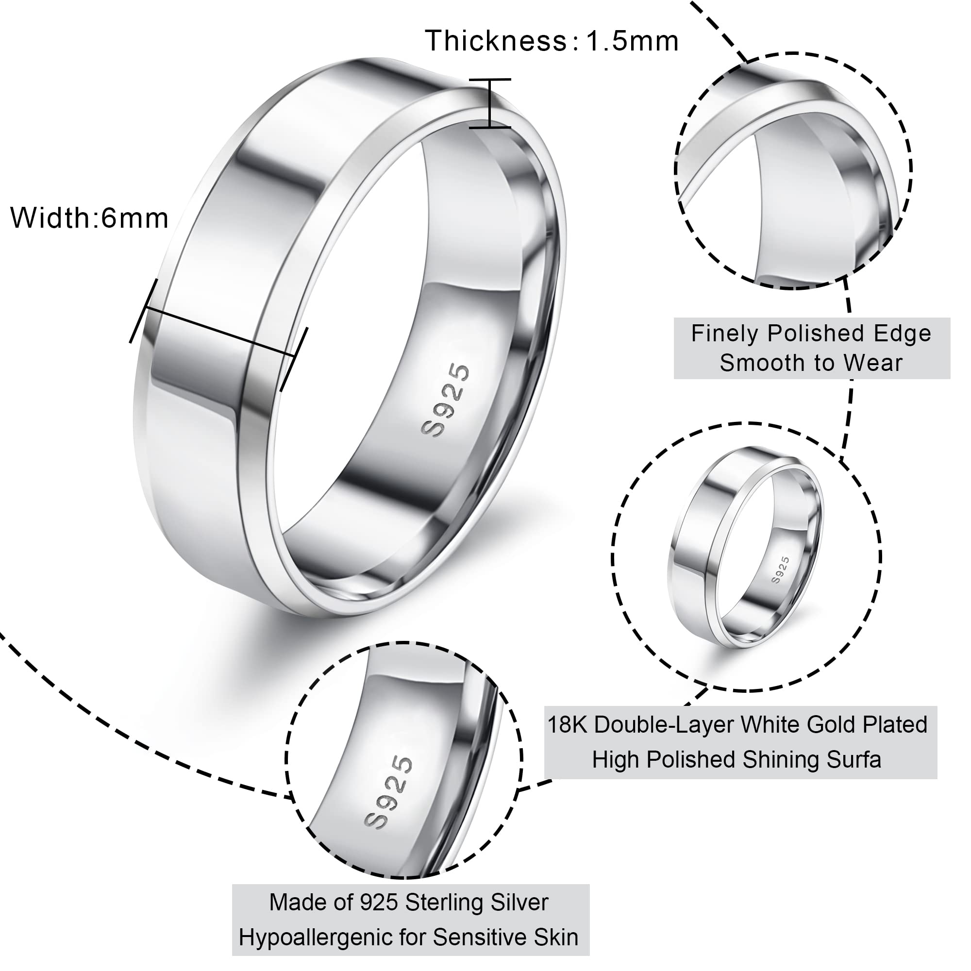 MILACOLATO 6mm Sterling Silver Rings for Women Men 18K White Gold Plated Beveled Edge Plain Thumb Ring High Polish Wedding Band Ring Comfort Fit Size 10