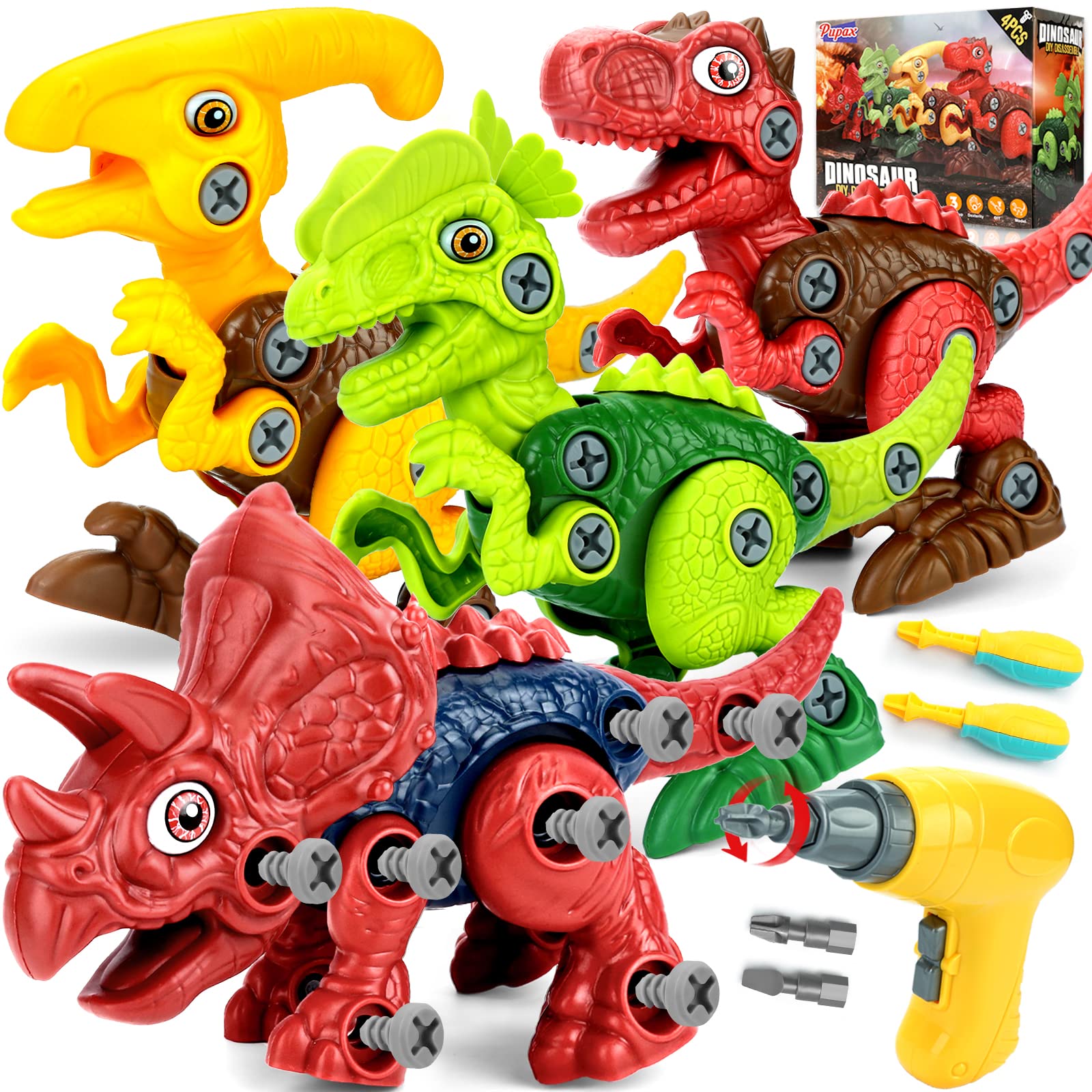 PUPAX Take-Apart Dinosaur Toys with Electric Drill, STEM Learning for Kids 3-7, Educational Building Set for Birthday & Holidays