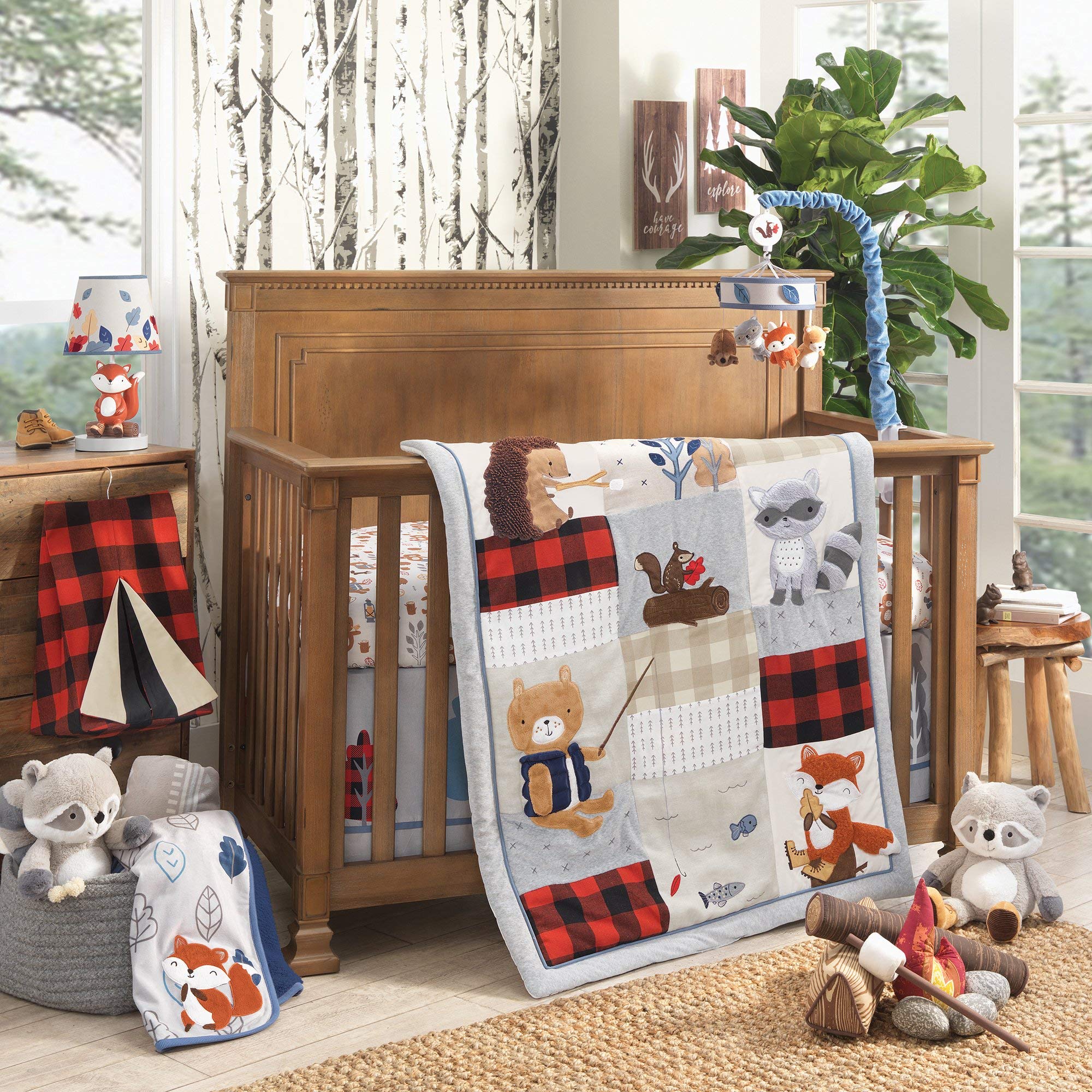 Lambs & Ivy Little Campers Blue/Gray Fox with Leaves Sherpa Baby Blanket