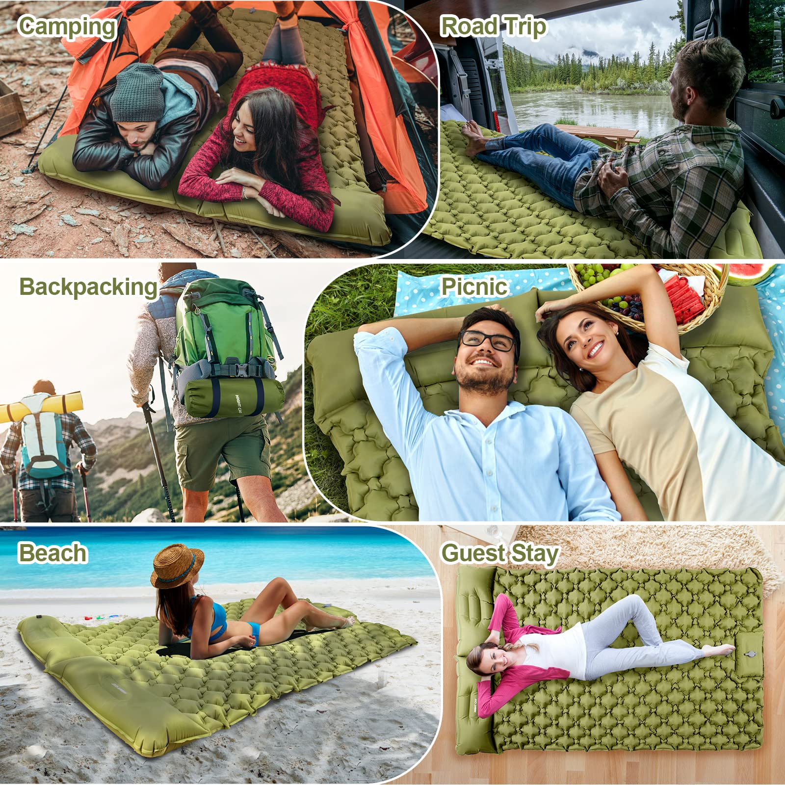 Night Cat Backpacking Tent with Inflatable Double Sleeping Pad Lightweight Waterproof Portable Easy Setup Outdoors for 2 Persons