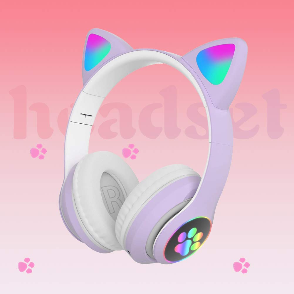 LVOERTUIG Gaming Headset Fashion Bluetooth 5.0 Kids Adult Cat Ear LED Light Up Wireless Gaming Headset Foldable and Stretchable Reduction Headphones Computer Gaming Headphone