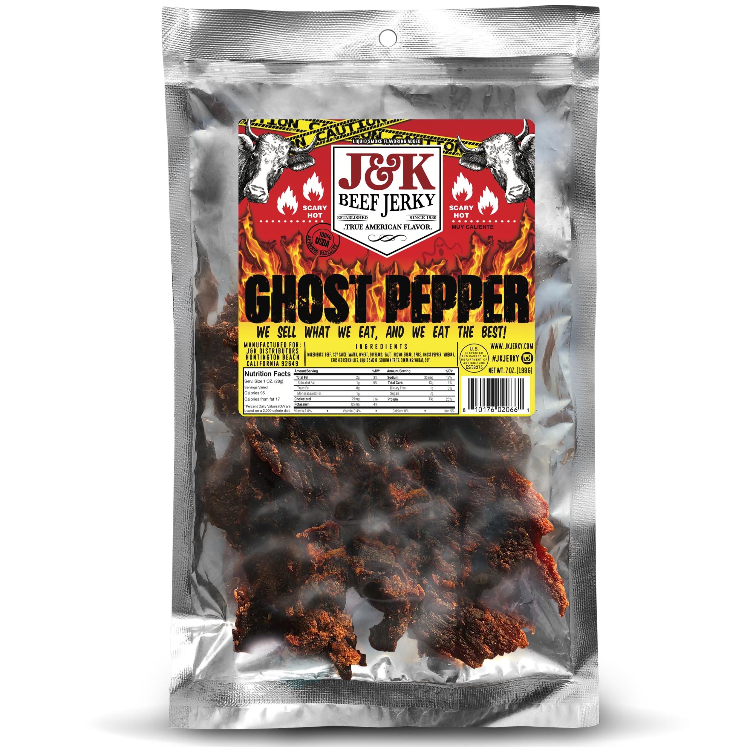 J&K Jerky Ghost Pepper Beef Jerky - Spicy American-Made Slab Jerky for the Bold Snacker - 7oz Big Bag of Jerky