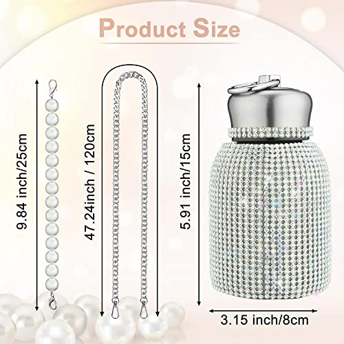 XUDREZ Diamond Thermos Bottle for Womens, Diamond Water Bottle Bling Rhinestone Stainless Steel Vacuum Flask Sparkling Refillable Insulated Thermal Bottle with Pearl Bracelet and Chain (Silver)
