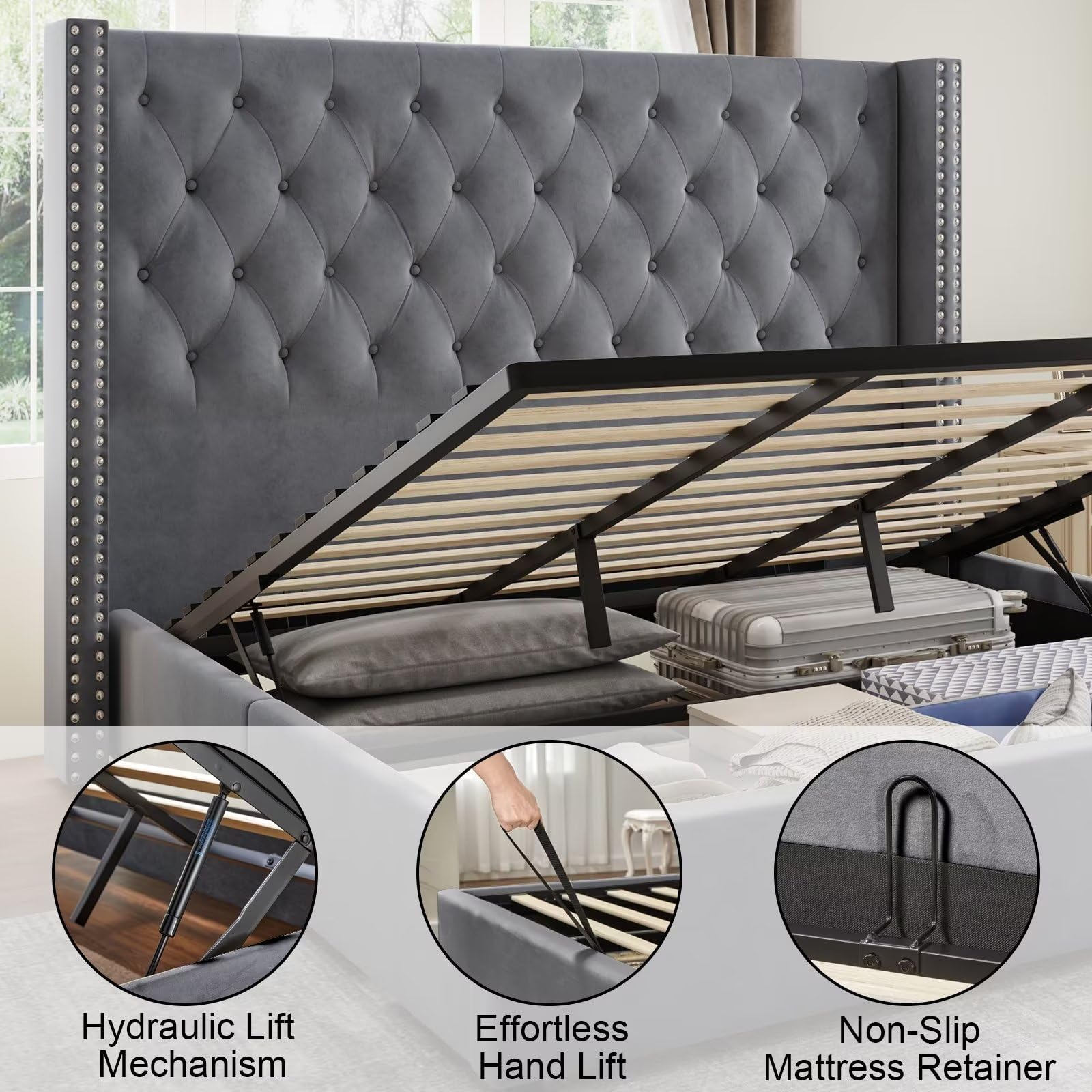 Jocisland King Size Lift Up Storage Bed, Upholstered Platform Bed Frame and Velvet Button Tufted Headboard with Wingback, Hydraulic Storage, No Box Spring Needed, Easy Assembly, Black