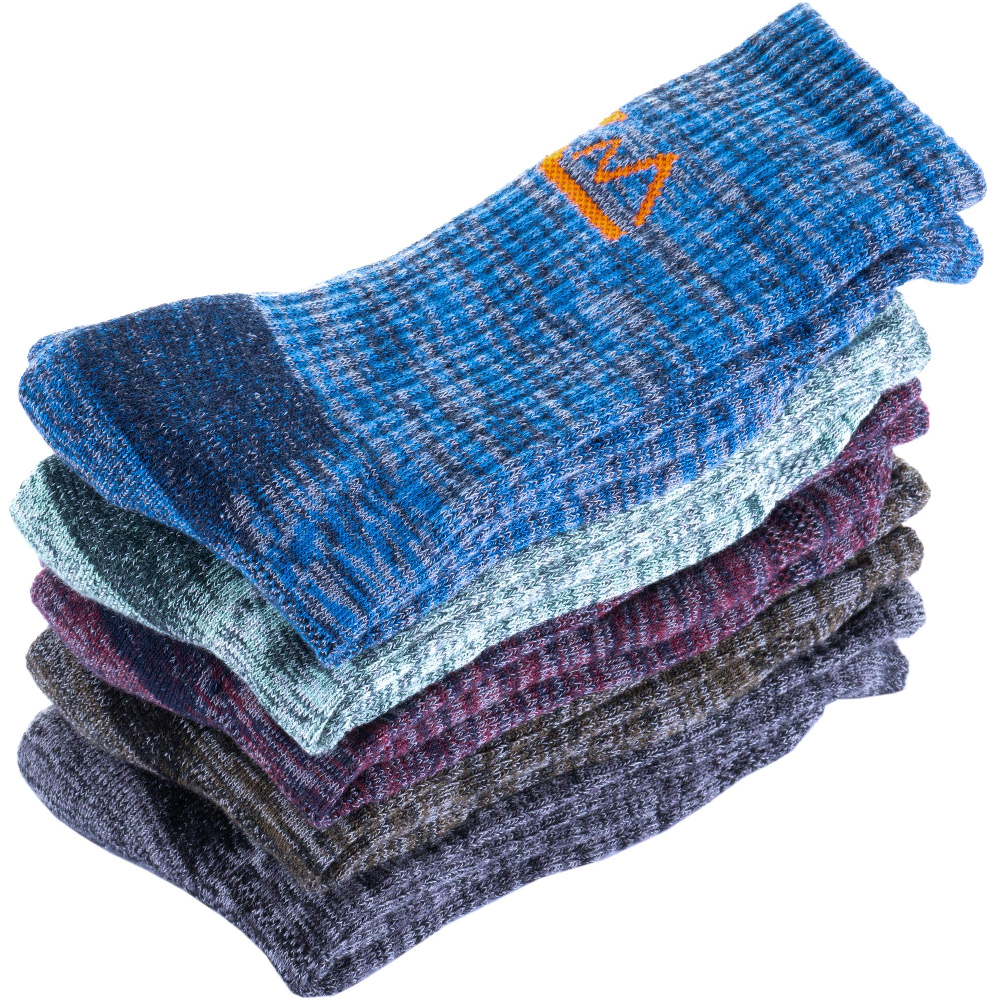 KONY Men's Cotton Hiking Socks, 5 Pairs Moisture Wicking Thick Cushioned Walking Mid Crew Socks, Size 12-14(Mix-1, Large)