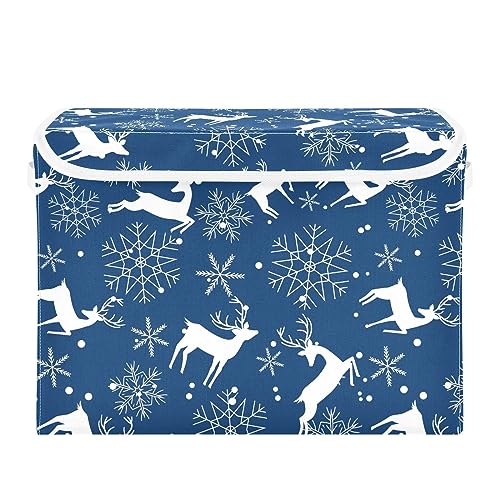 Krafig Foldable Storage Box Large Cube Organizer Bins Forest Animals Deer Blue Containers Baskets with Lids Handles for Closet Organization, Shelves, Clothes, Toys