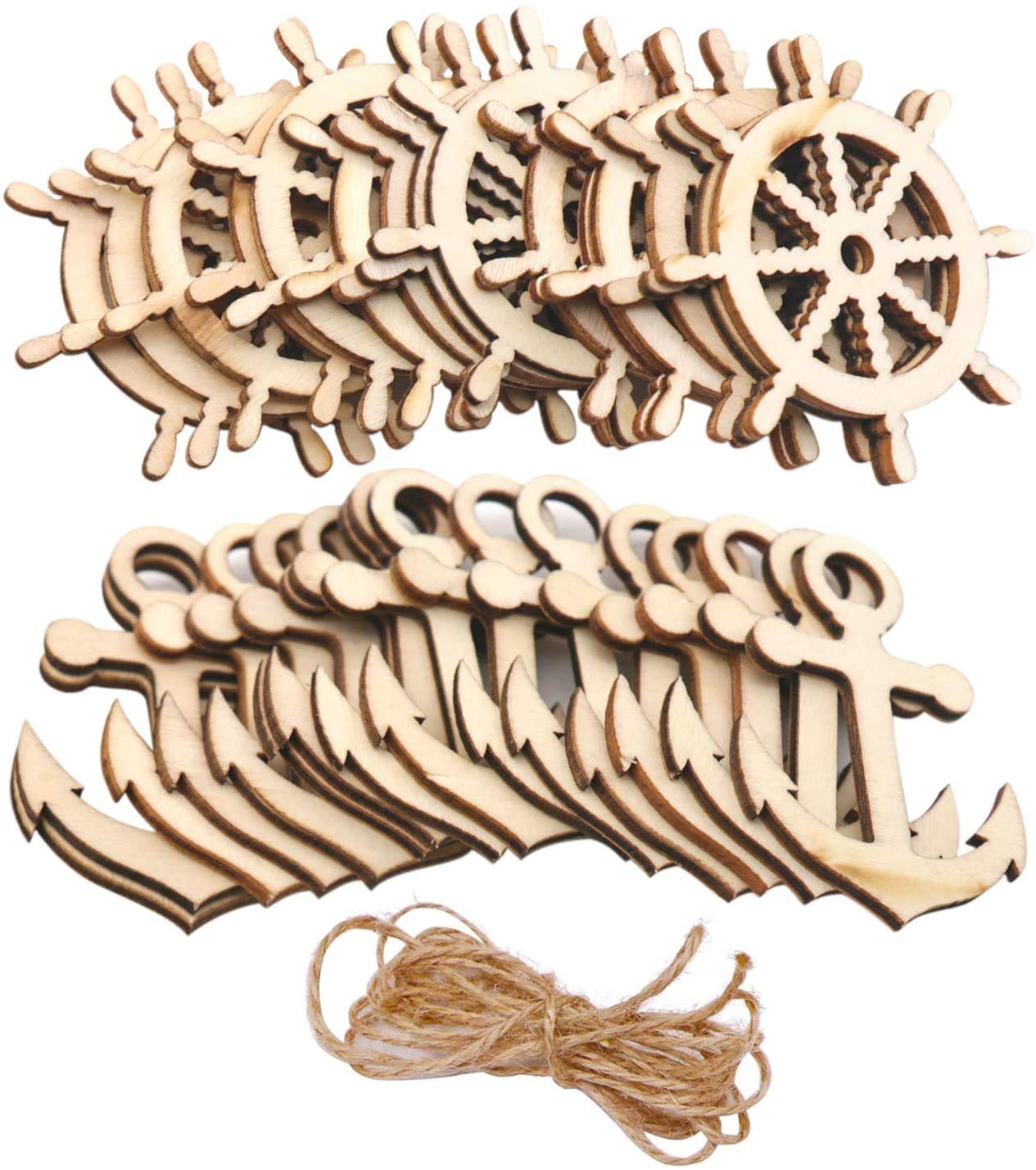 KCHEX 30 Pcs Wooden Anchor Rudder Shape Decoration to Paint, Unfinished Small Wood Anchor Rudder Cutouts for Arts Crafts DIY Projects Home Party Decoration