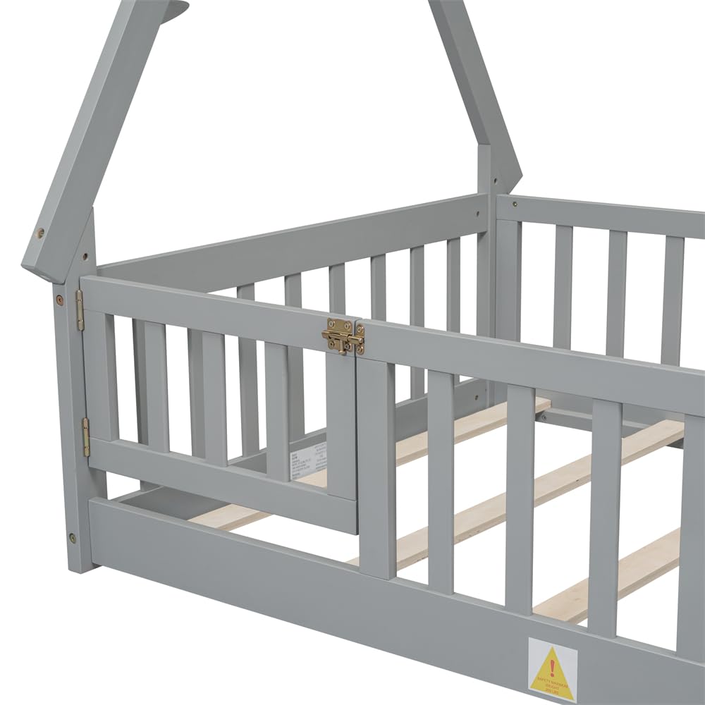 TURRIDU Twin Tent-Shaped Solid Wood Bed with Door & Guardrails,Montessori Floor Bed Frame with Wood Slat Support, Grey Teepee Bed for Toddlers Boys Girls, No Box Spring Needed