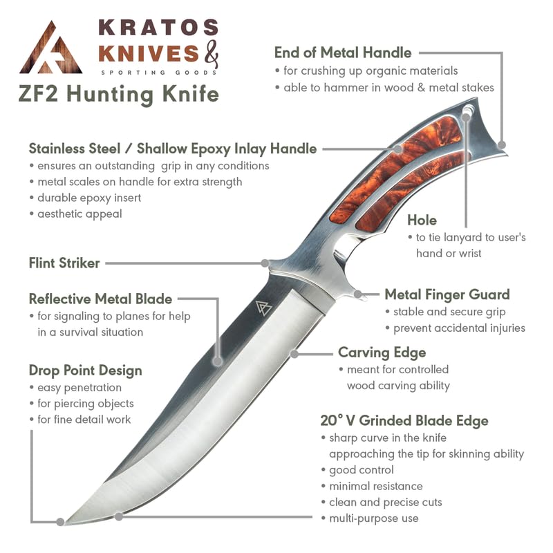 KRATOS Hunting Knife with Nylon Sheath, 10" Fixed Blade Full Tang Knife with 440C Hardened Stainless Steel & Solid Metal Handle for Bushcraft ZF2