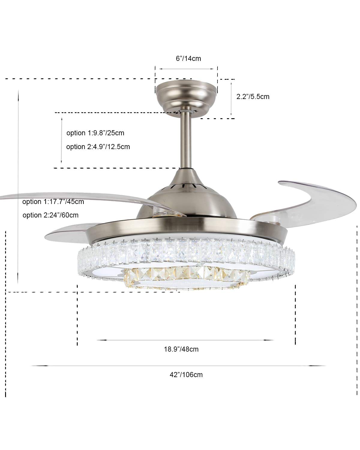 JVUJVCI Retractable Crystal Ceiling Fan Light with Remote Control, LED Fan Chandelier for Bedroom Living Room Kitchen 3 Color Change Lighting 42 Inch (Silver) (42 Inch)
