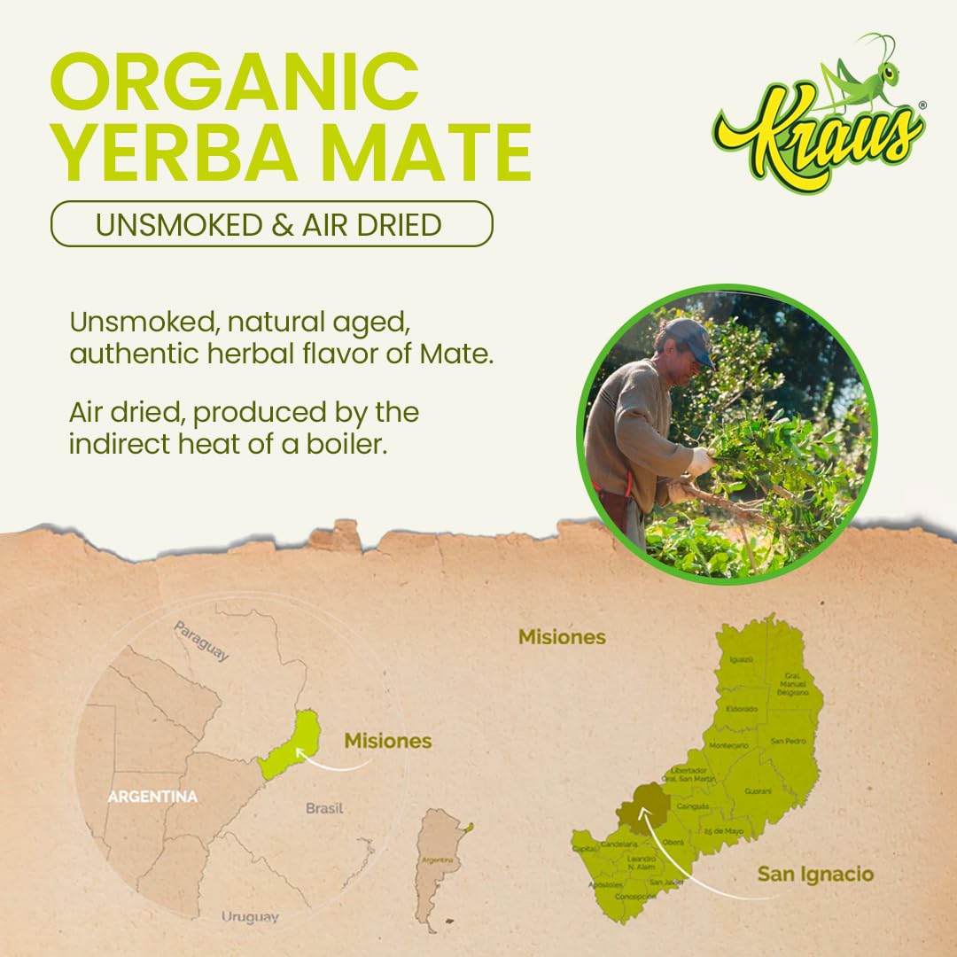 KRAUS Organic Yerba Mate | Pure Leaf | unsmoked | Authentic Flavor | USDA | 100% Organic | 1.1 LB / 500 g / 17.6 oz
