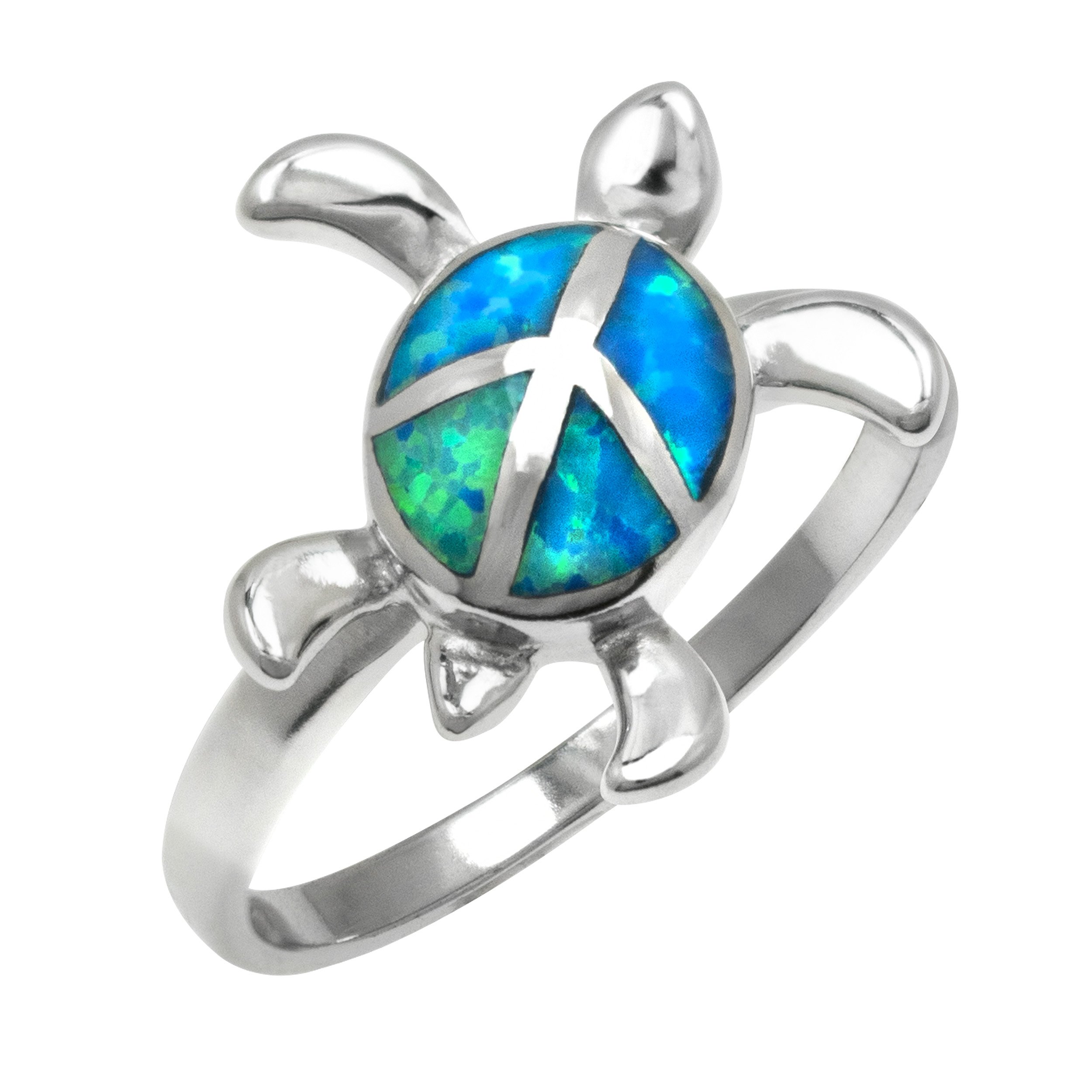 Honolulu Jewelry Company Sterling Silver Turtle with Peace Sign Ring with Simulated Blue Opal (7)