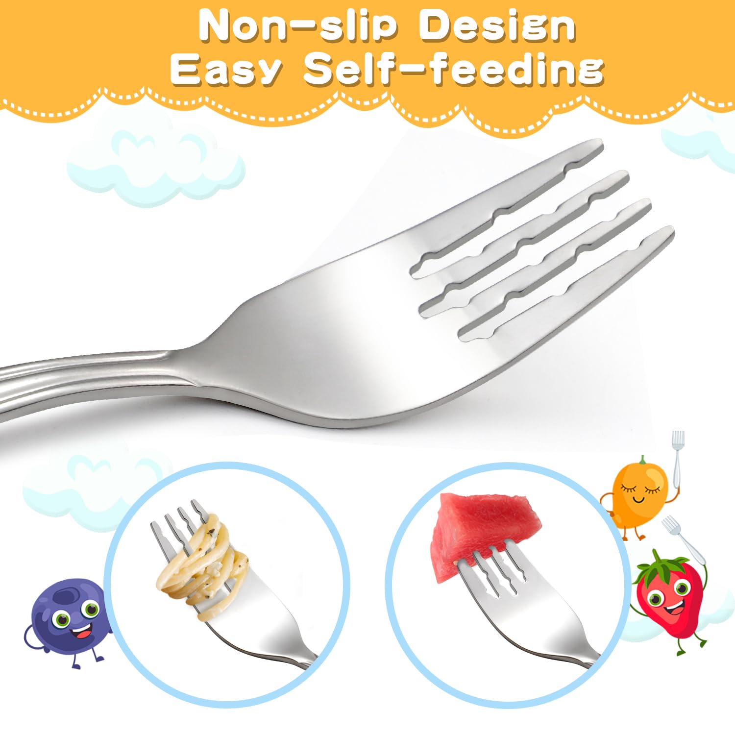 Toddler-Utensils-Kids-Silverware-Set, 8 PCS 18/10 Stainless Steel Toddler Forks and Spoons, Round Edges Children Cutlery Set with Dog & Cat Pattern, Non-slip Fork, Mirror Polished, Dishwasher Safe