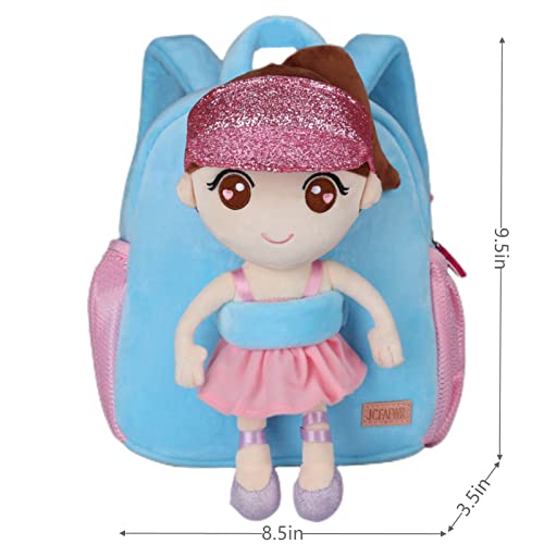 JCFAFWR Toddler Backpacks for Girls 2-4, Lightweight Cute Kids Backpack Detachable Plush Doll Preschool Backpack(BLUE-M)