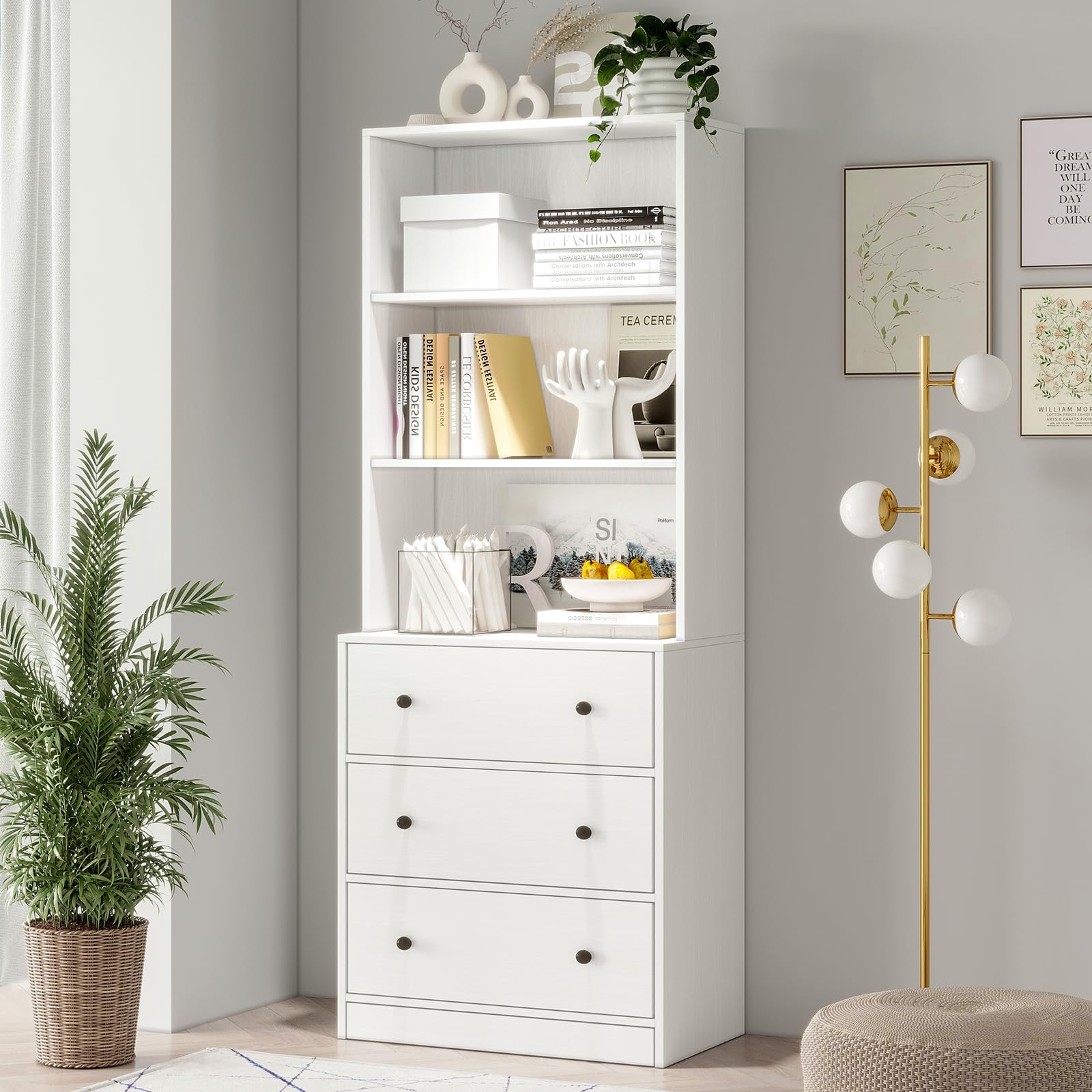 TUSY 71" Bookshelf Bookcase, 3-Tier Modern Bookshelves 3 Large Drawer, Wood Filing Cabinet with Open Storage Shelf, Glass Doors 5-Tier Fixed Storage Shelves for Home Office