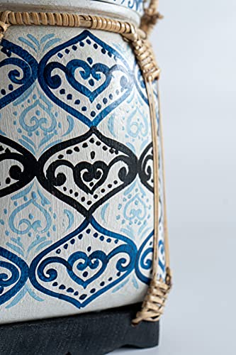 Siam Sawadee White Weaved Bamboo Rice Basket, Hand Woven Thai Rattan Jar, Handcrafted Traditional Household Wicker Container, Moroccan Pattern Painted, Handmade in Thailand, 7x12 inches