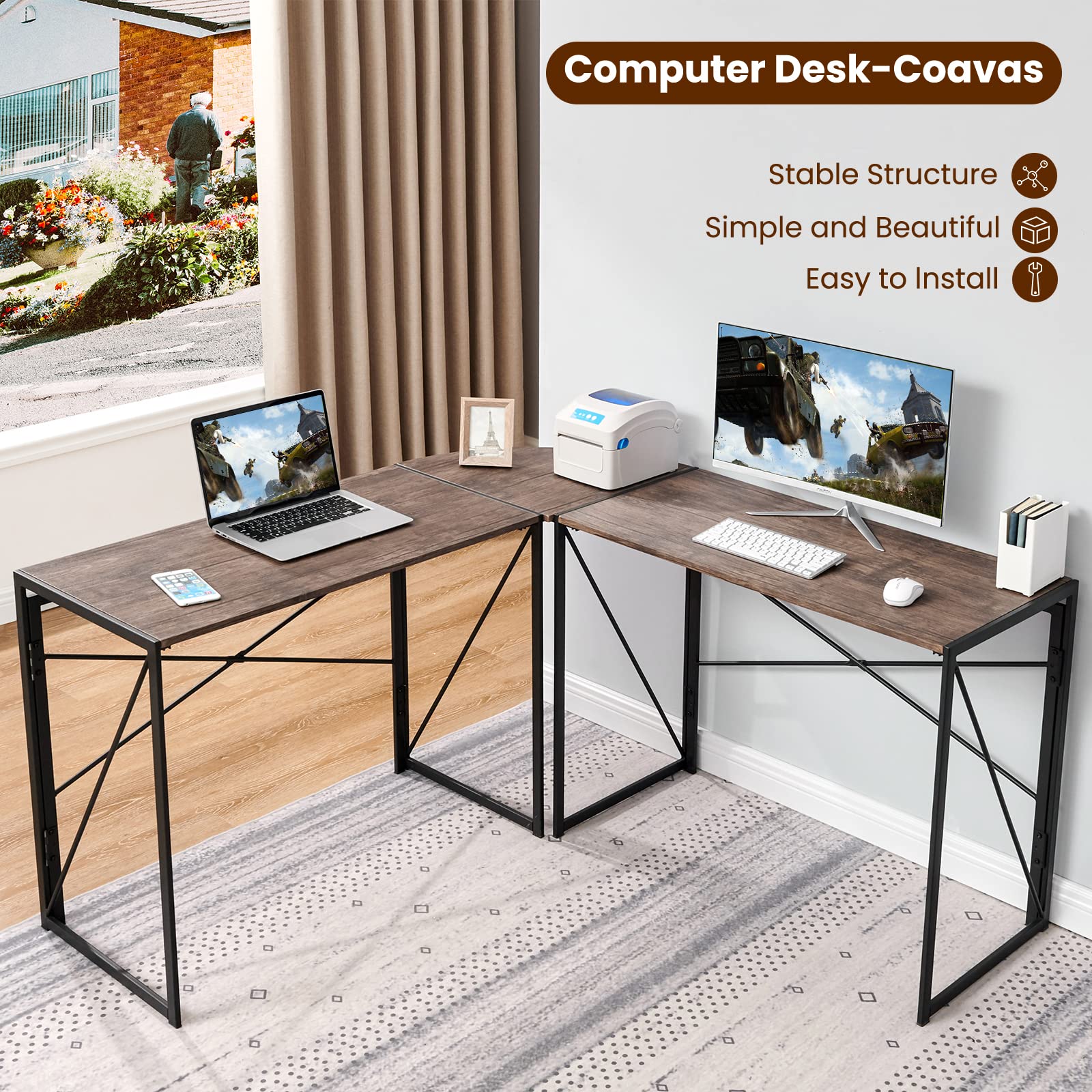 L Shaped Desk Folding Gaming Desk Corner Computer Desk Home Office Workstation PC Writing Table with Large Desk Top, Space-Saving, No Need to Assemble, Brown