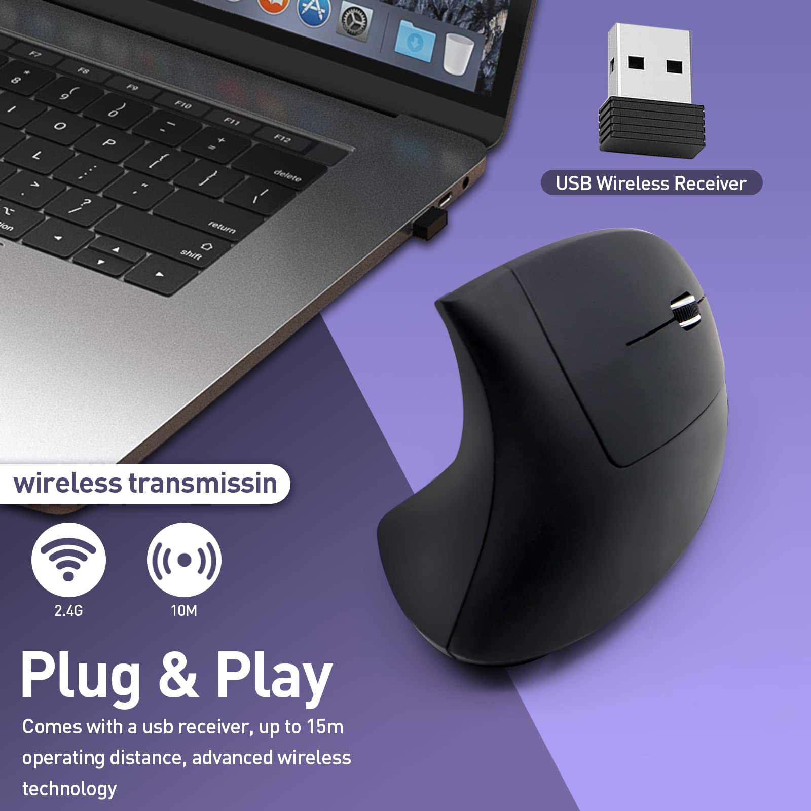 Scettar Ergonomic Mouse Wireless Vertical,2.4G Computer Carpal Tunnel Mouse 6 Buttons Adjustable DPI 800/1200/1600, Reduce Wrist Pain,for Laptop, Desktop, PC, Mac - Matte Black(NOT Batterry Include)