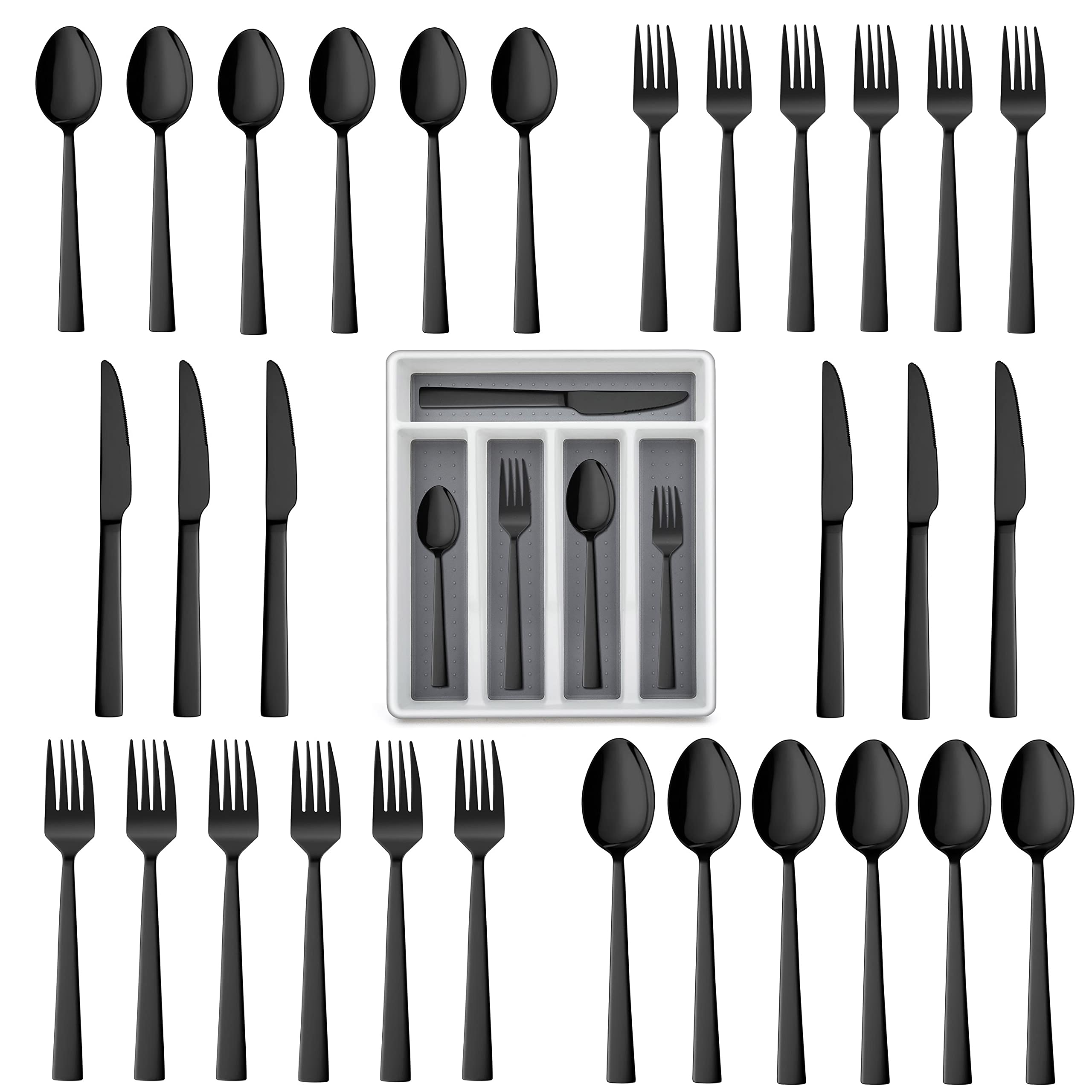LIANYU 30-Piece Black Silverware Set with Tray, Stainless Steel Square Flatware Cutlery Set for 6, Black Eating Utensils for Home Restaurant, Dishwasher Safe, Mirror Finished