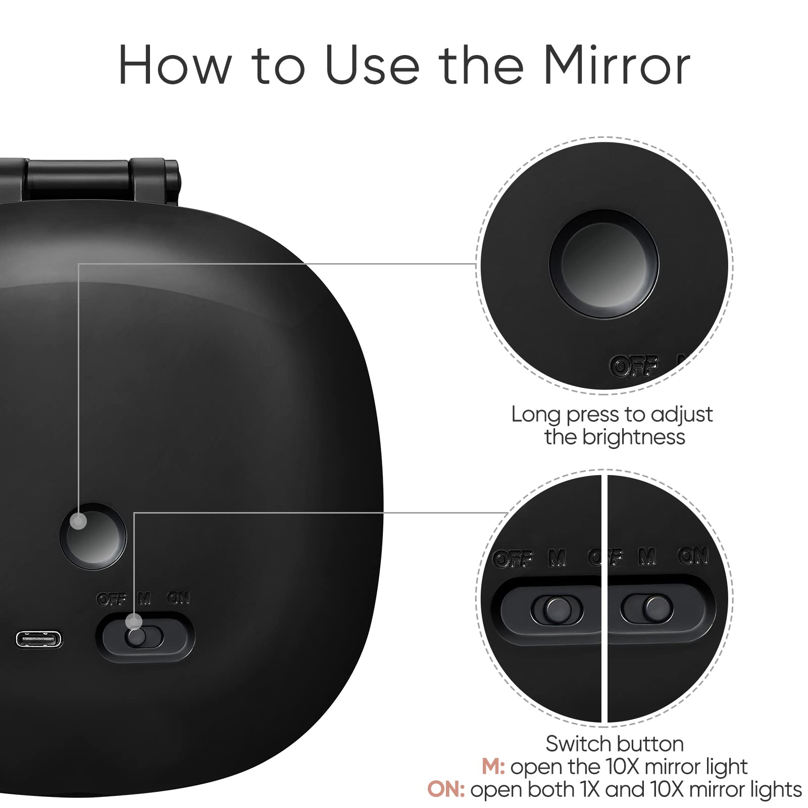 KEDSUM Lighted Travel Makeup Mirror, 1X/10X Magnifying Compact Mirror with Rechargeable LED Lights, Dimmable Double Sided Folding Mirror, Portable, Large, Daylight, USB Charging (Black)