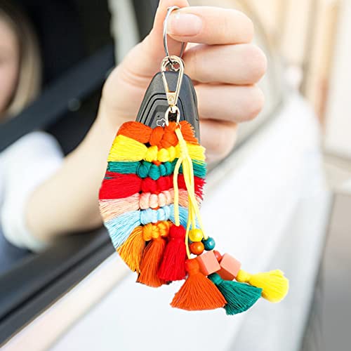 MoreChioce Car Keychain, Wooden Bead Key Chain Cute Cotton Thread Tree Leaves Key Ring Pendant Handbag Bag Decoration Accessories,Yellow