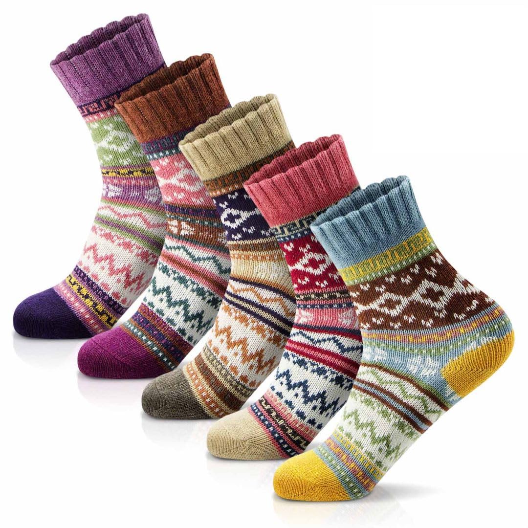 MORECOO 5 Pack Womens Wool Socks Thick Knit Vintage Winter Warm Cozy Crew Socks Gifts