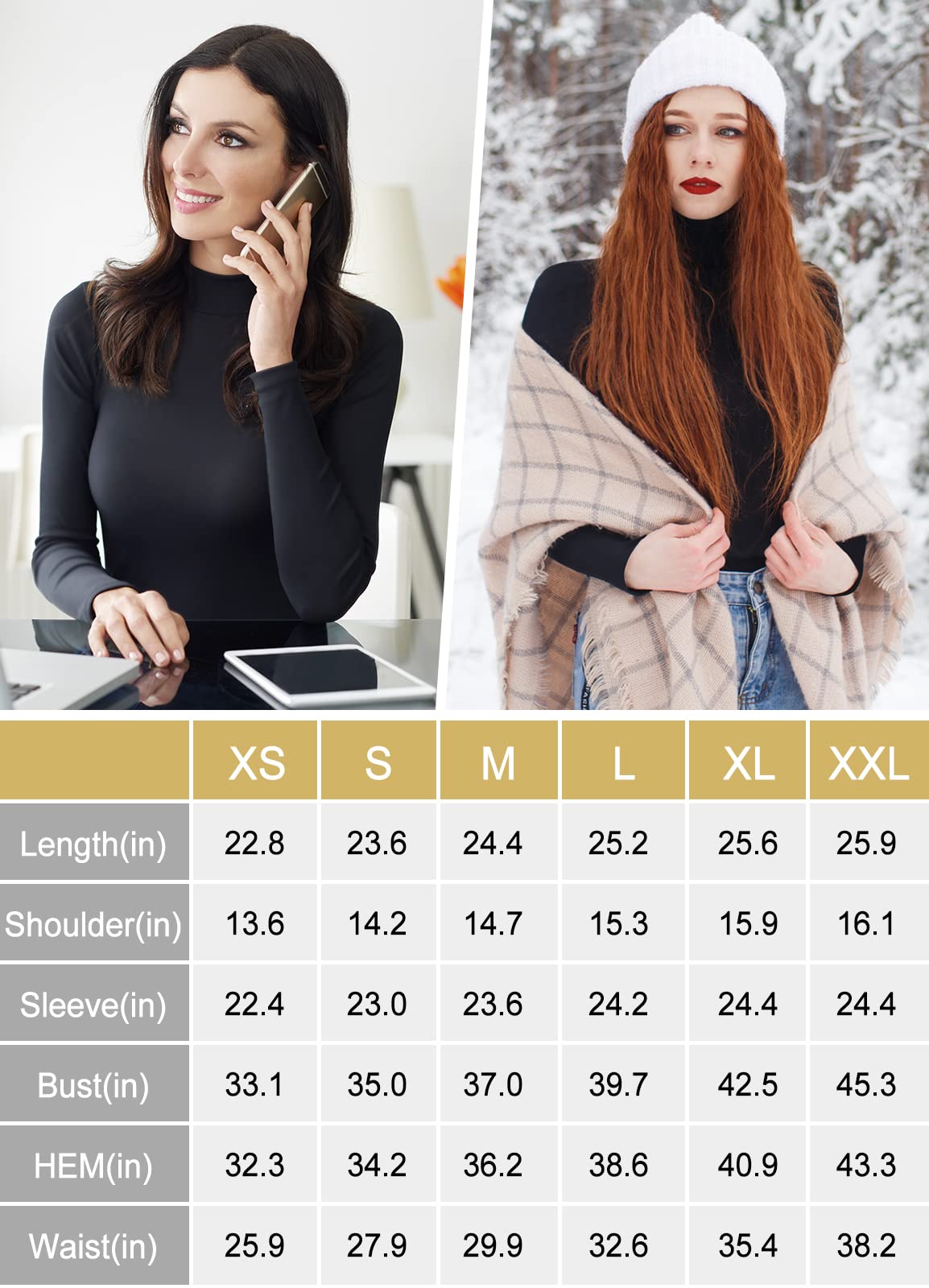 MRIGNT 2 Pack Women’s Turtleneck Slim Fit Tops Long Sleeve Soft Base Layer Shirts Black, White